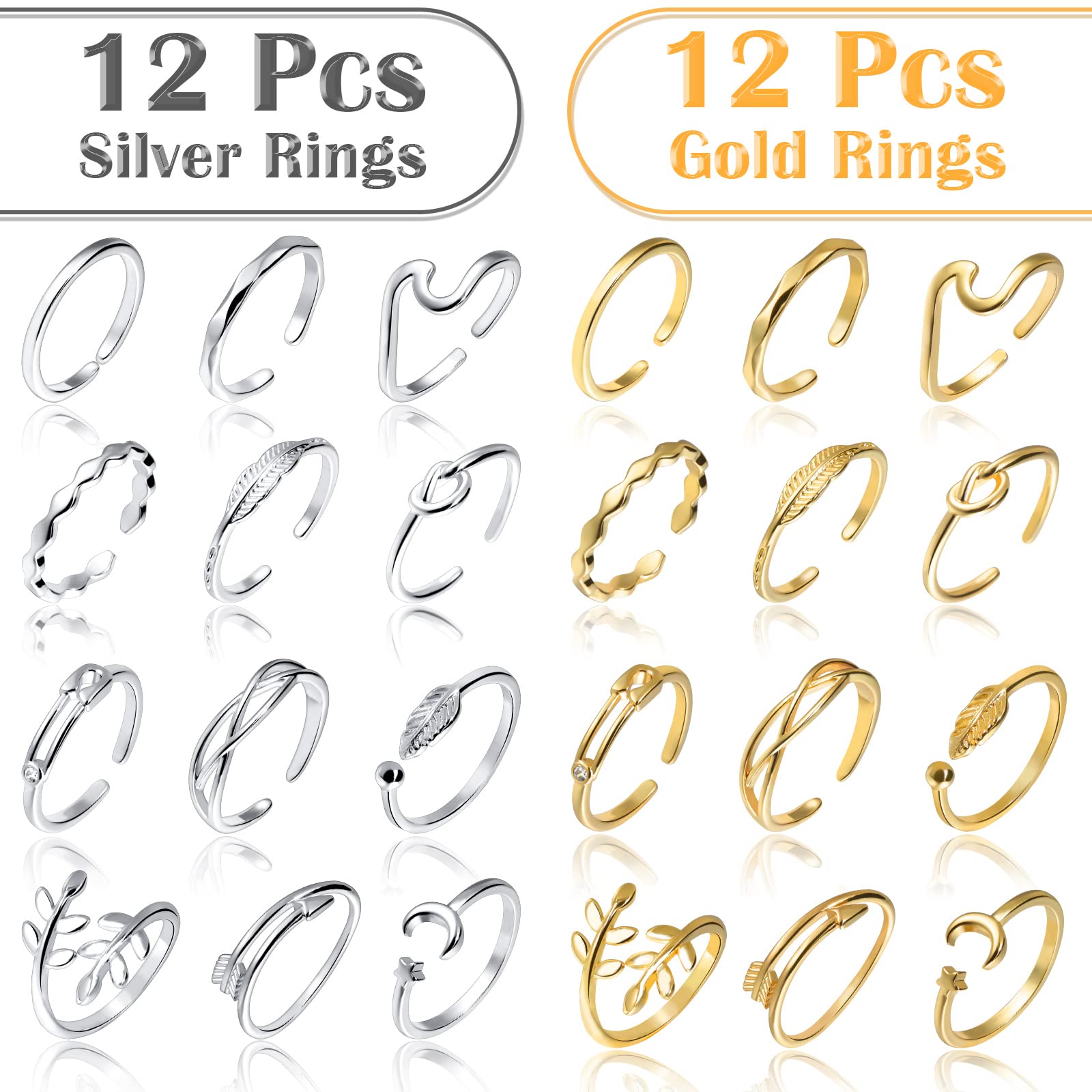 Modacraft 24Pcs Knuckle Stacking Rings for Women Teen Girls, 14K Silver Gold Plated Adjustable Stackable Rings Arrow Knot Wave Rings Thumb Midi Finger Rings Pack