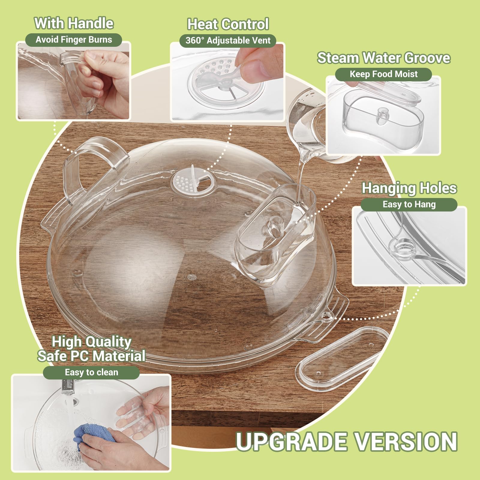WENWELL Microwave Cover with Water Steamer & Tray,Food Protector for Splatter Guard,Dish Bowl Plate Serving Lid with Handle,BPA-Free,Clear Safe Plastic,10 Inchs