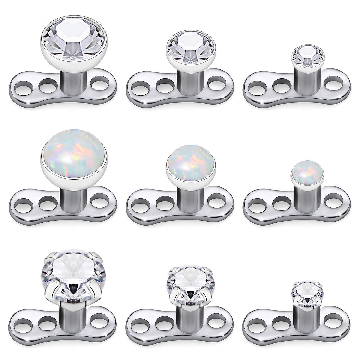 Piercingpops 9Pcs 14g Stainless Steel Cubic Zirconia/Opal Dermal Anchor Tops and Base Microdermals for Body Piercing (B: 9PCS-Mixed Style)
