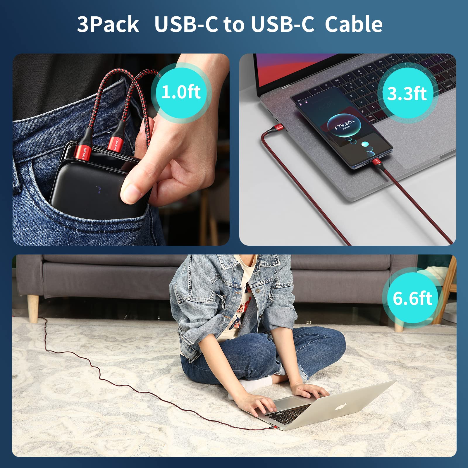 UMUST USB C to USB C Cable 60W,[3Pack 6.6/3.3/1ft] Type C to Type C PD Fast Charger Cable, USB Type-c Cable for MacBook Pro2021/Air M1/iPad Pro2021/Samsung Galaxy S21/Switch/Pixel/LG(Red)