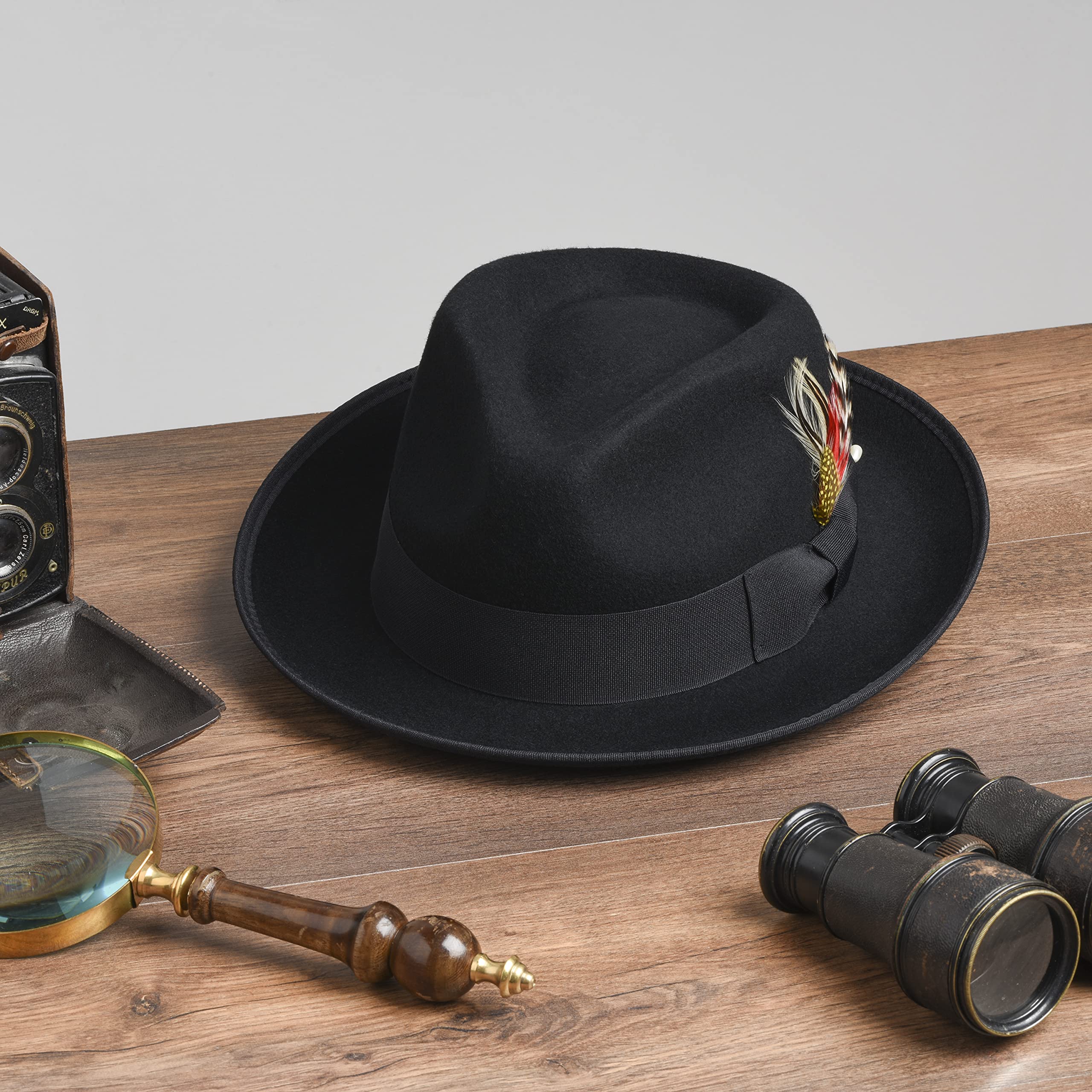 Mens Black Fedora Hats, Medium Brim Fedora, 100% Wool Crushable Hat, Packs Easy, Stain Resistant, Stylish Fedora
