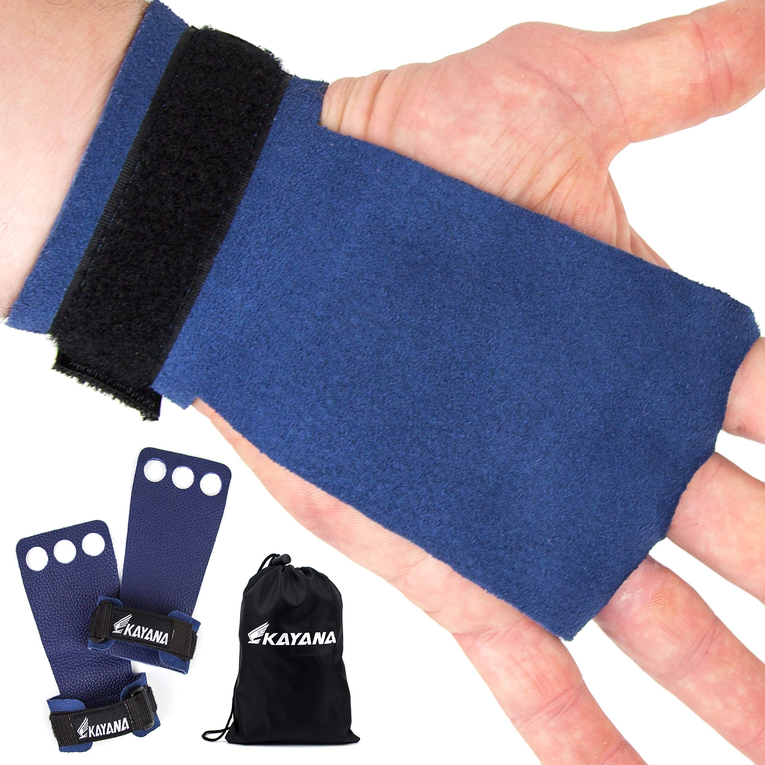 KAYANA 3 Hole Leather Gymnastics Hand Grips - Palm Protection and Wrist Support for Cross Training, Kettlebells, Pull ups, Weightlifting, Chin ups, Workout, & Exercise (Blue, Small)