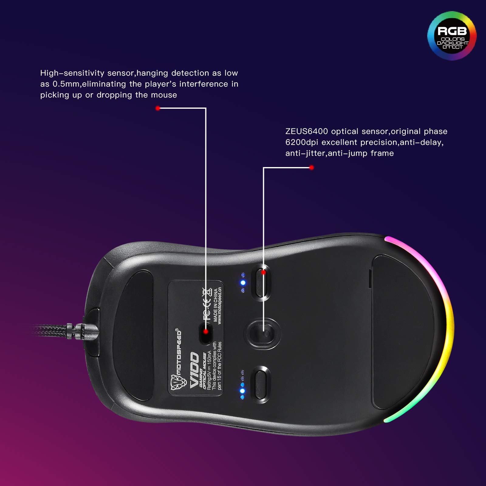 MOTOSPEED USB Wired Gaming Mouse,500 to 6200 DPI 6400 Optical Sensor,Chorma RGB Backlit,8 Programmable Buttons,Ergonomic PC Gaming Mouse for Laptop, PC, Mac