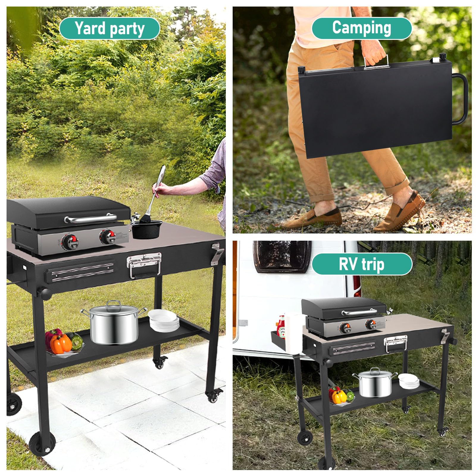 Karpevta Portable Grill Table for Blackstone Griddle,Foldable Outdoor Grill Cart with 4 Wheels for Blackstone 17" or 22", Grill Table Stand, Double-Shelf with Spice Tray for Patio, Backyard