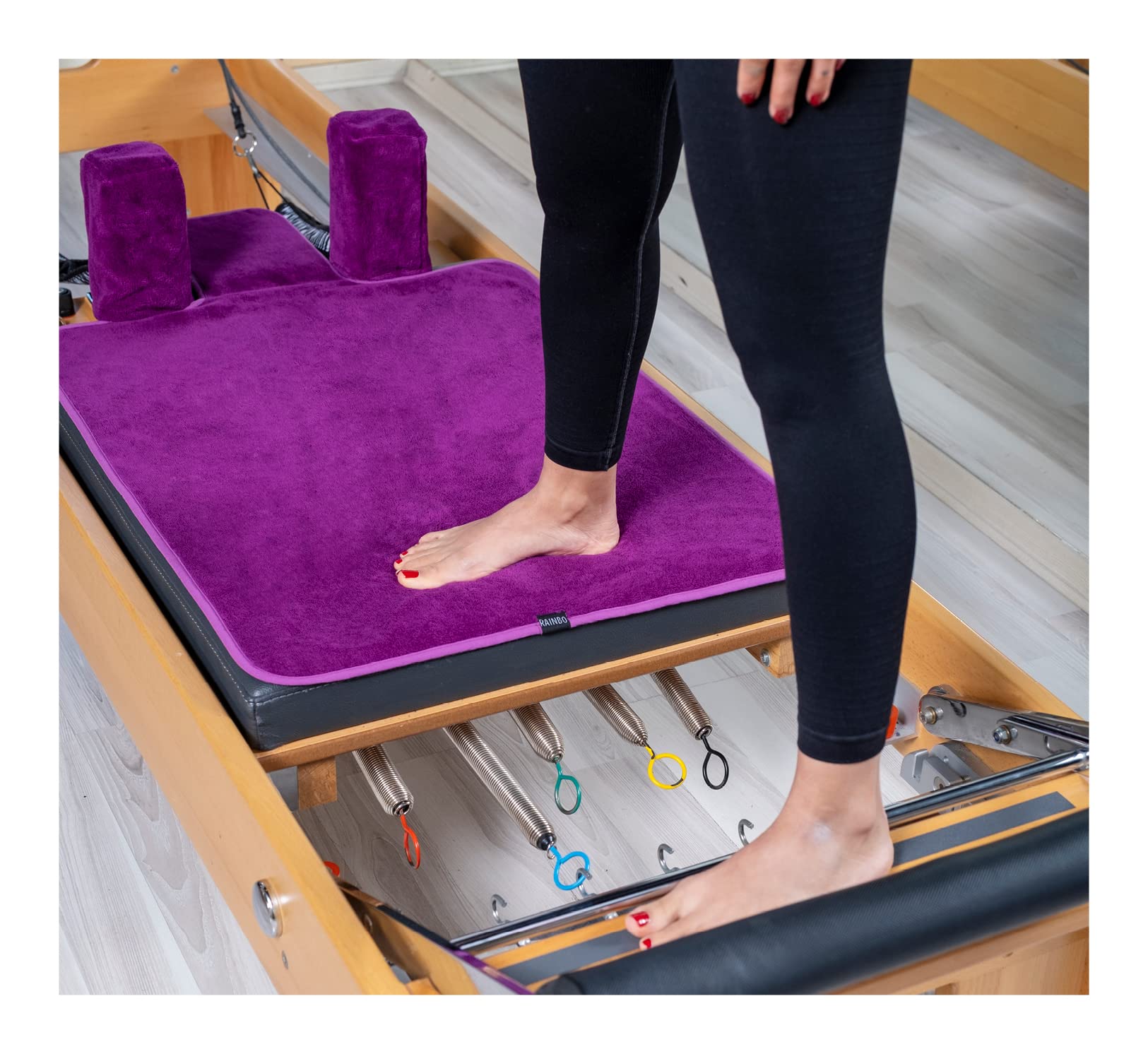 Pilates Reformer Non-Slip Mat Towel, Double Straps 1 Pair Black Colour (Included 2 Pcs Shoulder Block Covers)