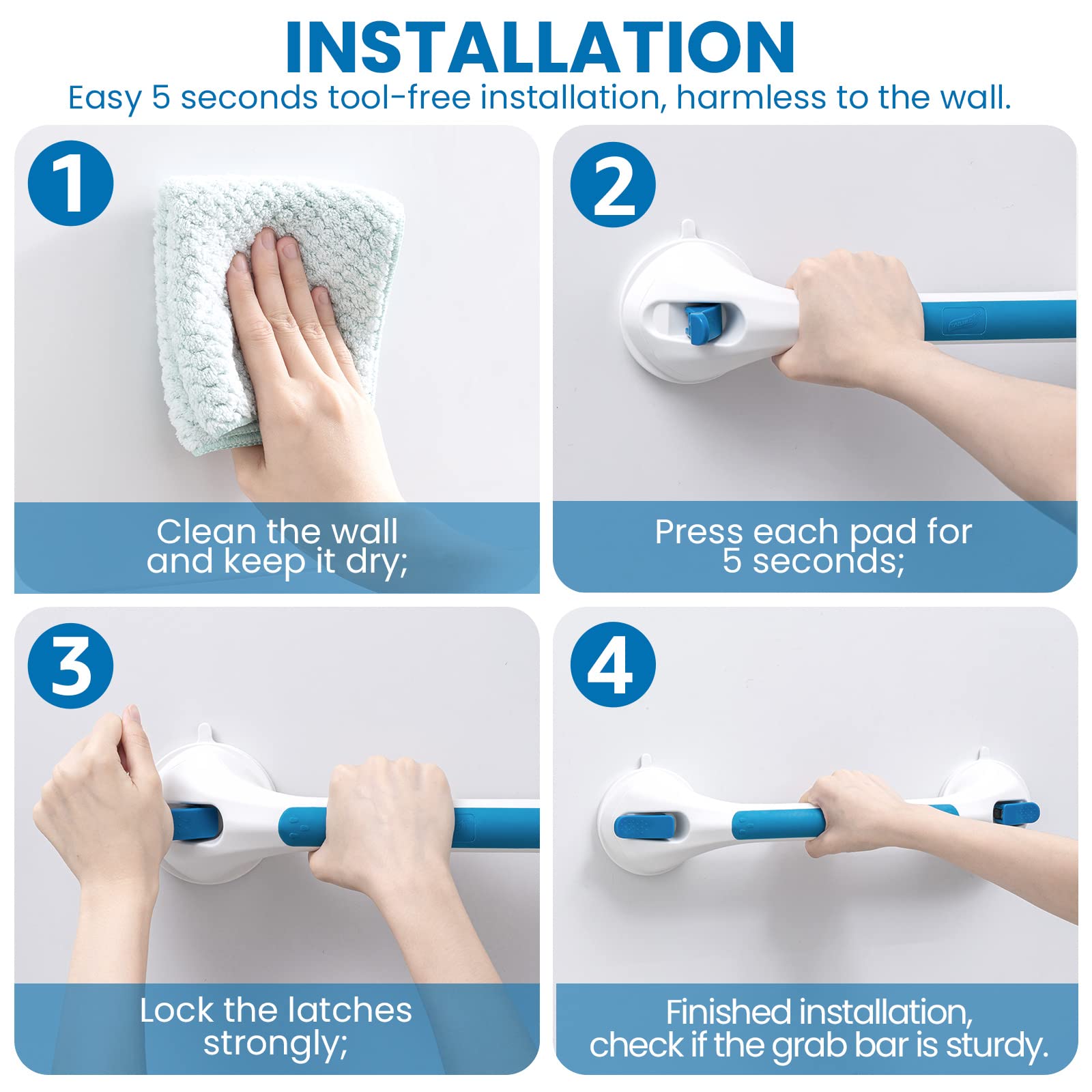 LEVERLOC Shower Grab Bars for Bathtubs and Showers, Easy to Install Suction Shower Handle for Bathroom Removable Safety Grip for Seniors Elderly, Heavy Duty Handrails Waterproof No Drilling, Bule