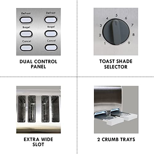 Kenmore 4-Slice Toaster, White Stainless Steel, Dual Controls, Extra Wide Slots, Bagel and Defrost Functions, 9 Browning Levels, Removable Crumb Trays, for Bread, Toast, Muffin, Toaster Strudelā¦
