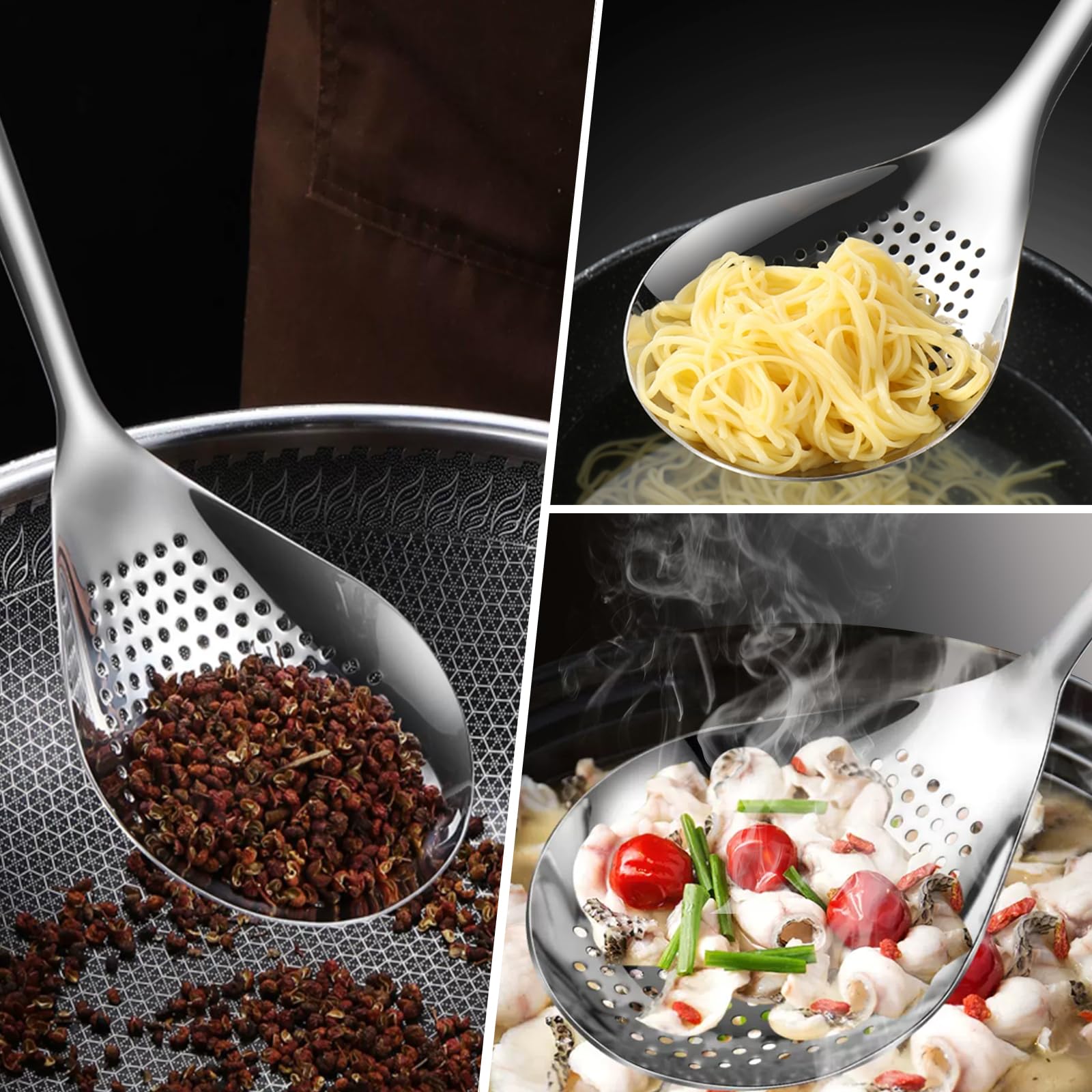 KAYCROWN Skimmer Slotted Spoon, 2 Pack Stainless Steel Pasta Spider Strainer Skimmer Ladle Spoon for Frying and Cooking, Frying Strainer Spoon, Kitchen Cooking Skimmer Colander