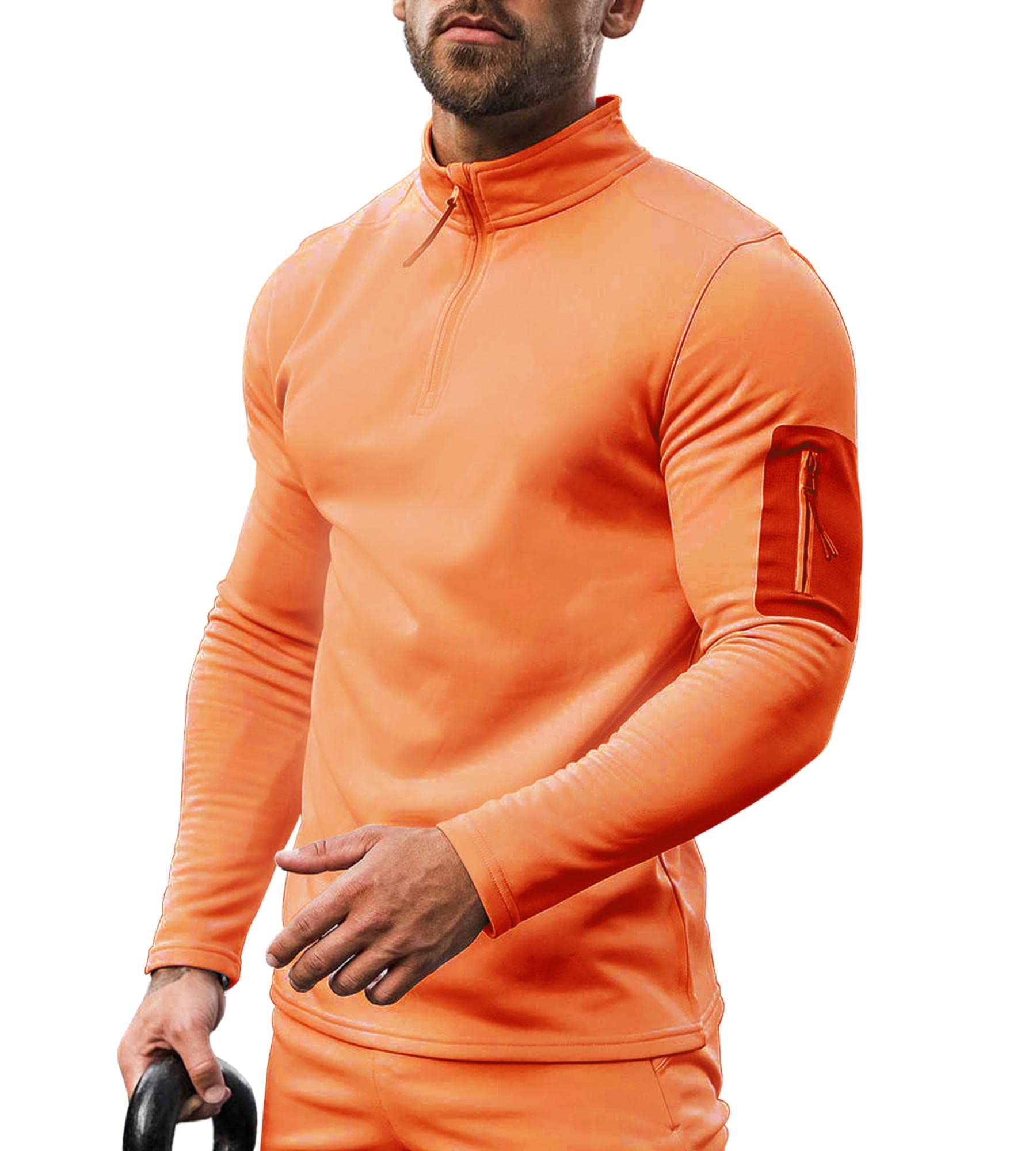 Mens Quarter Zip Athletic Pullover Long Sleeve Dry Fit Active Sports Sweatshirt Running Outdoor Shirts Orange