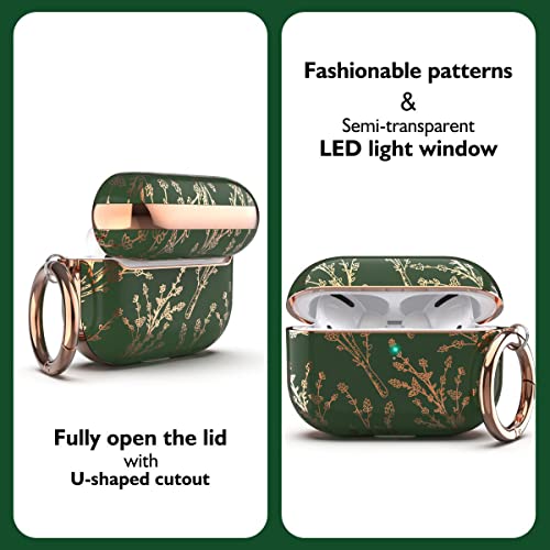 TATOFY Case Cover for AirPods Pro 2019,Stylish AirPods Pro Case for Women Girls, Flower Patterns Protective Hard Case with Clip (Golden Green)