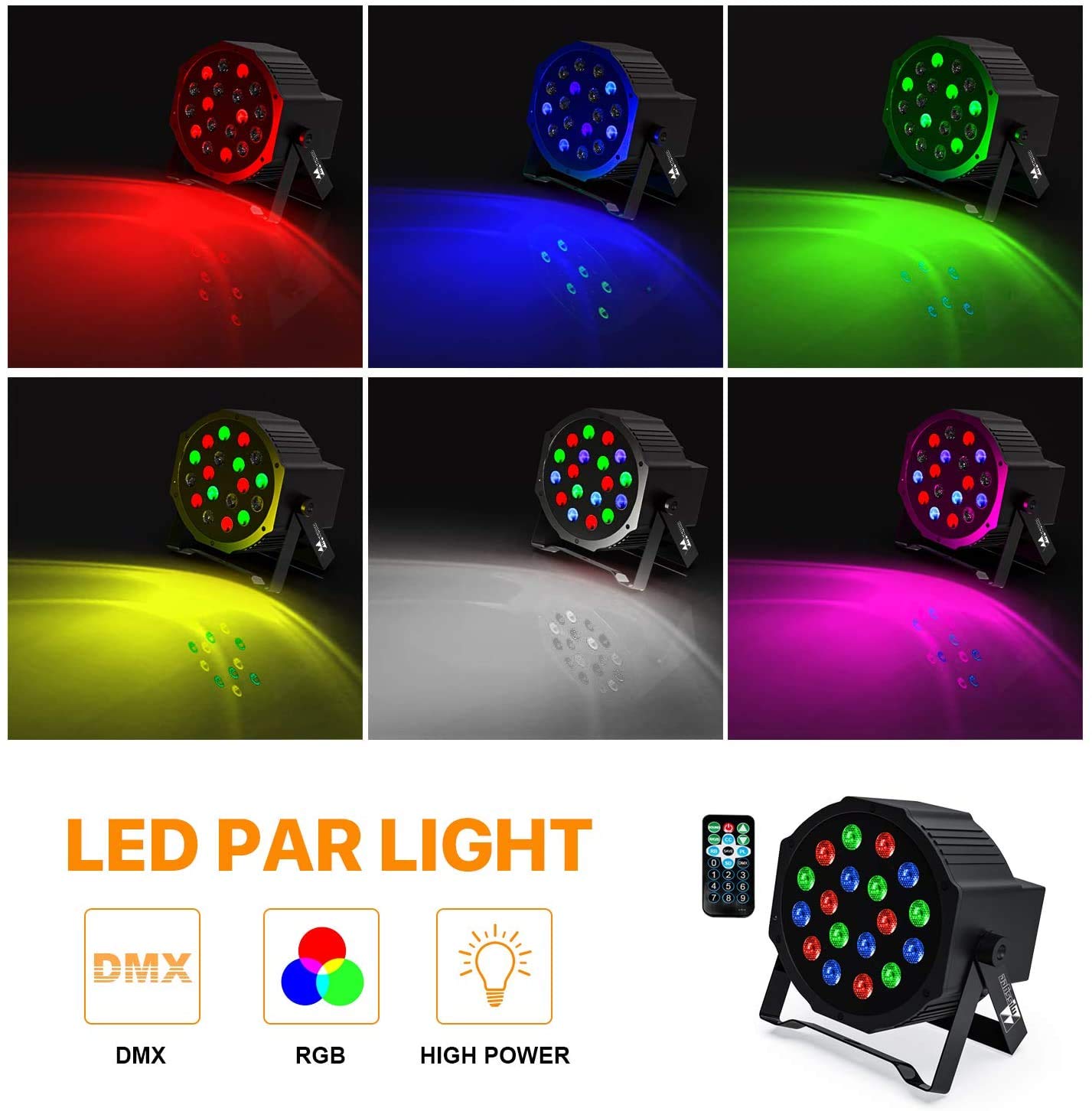 Missyee 18 RGB LED DJ Stage Uplight -DMX Control Sound Activated with Remote Control and 7 Modes LED for Wedding, Events, Christmas and Halloween Music Disco Party -R&D in USA -8 Pack