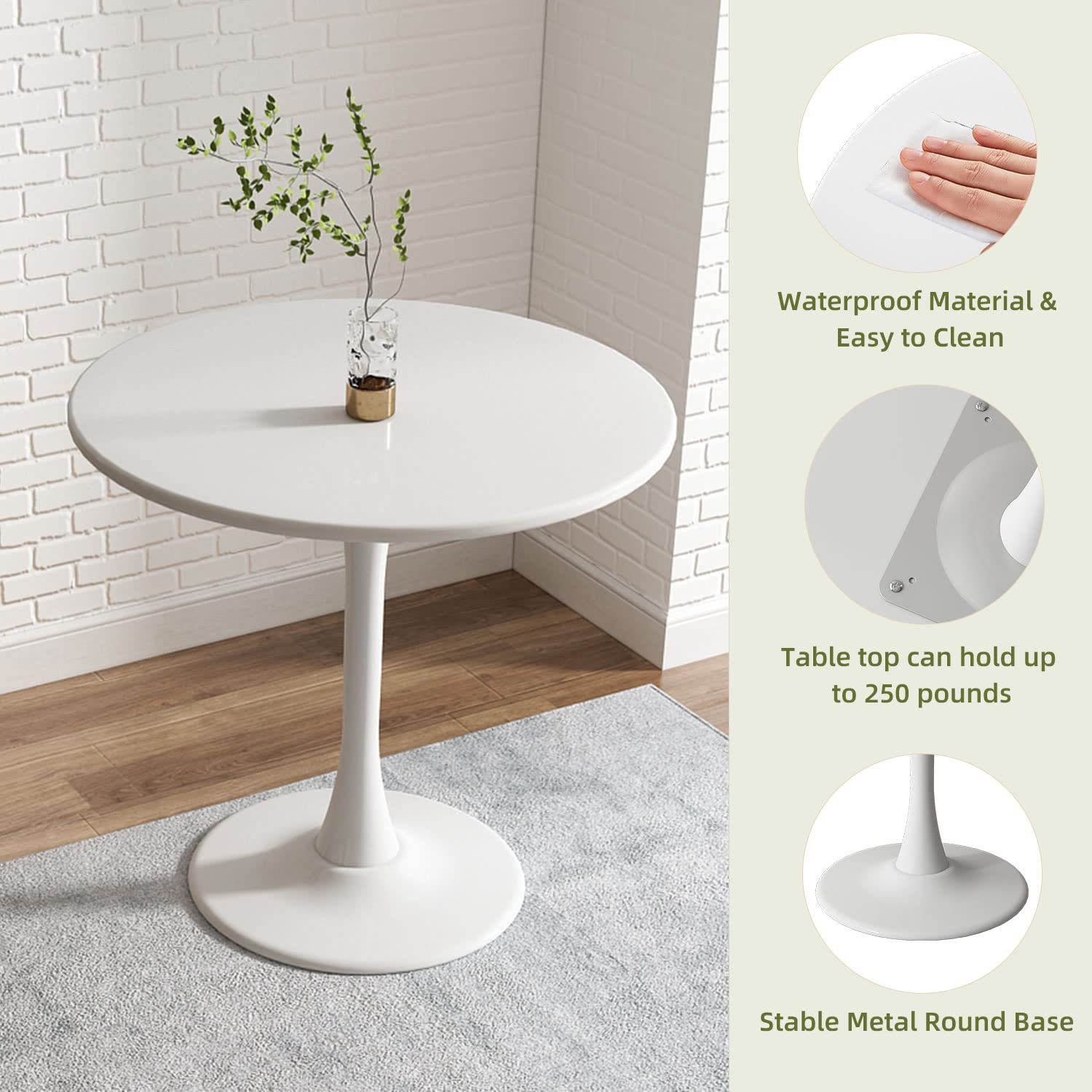 Kasinali 31.5 inch White Round Table Modern Dining Table Tulip Round Kitchen Table Mid Century Coffee Table for Living Room