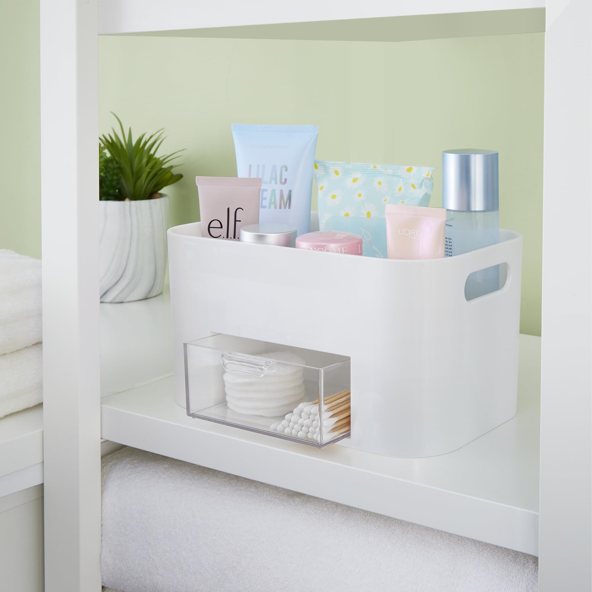 STORi Bliss White Makeup Organizer for Countertop, Divided Bathroom Organizer & Storage Drawer, Makeup Brush Holder, Cosmetic & Nail Polish Organizer, Made in USA