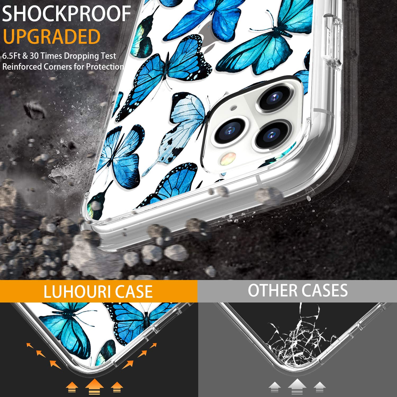 LUHOURI Designed for iPhone 11 Pro Max Case with Screen Protector - Slim Fit, Sturdy Clear Acrylic Cover for Women and Girls - Protective Phone Case 6.5" - Floral Blue Butterflies