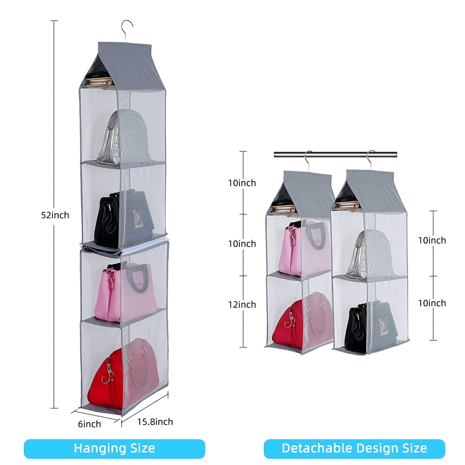 KEEPJOY Detachable Hanging Handbag Purse Organizer for Closet, Purse Bag Storage Holder for Wardrobe Closet with 4 Shelves Space Saving Purse Organizers System (Pack of 2 Grey)
