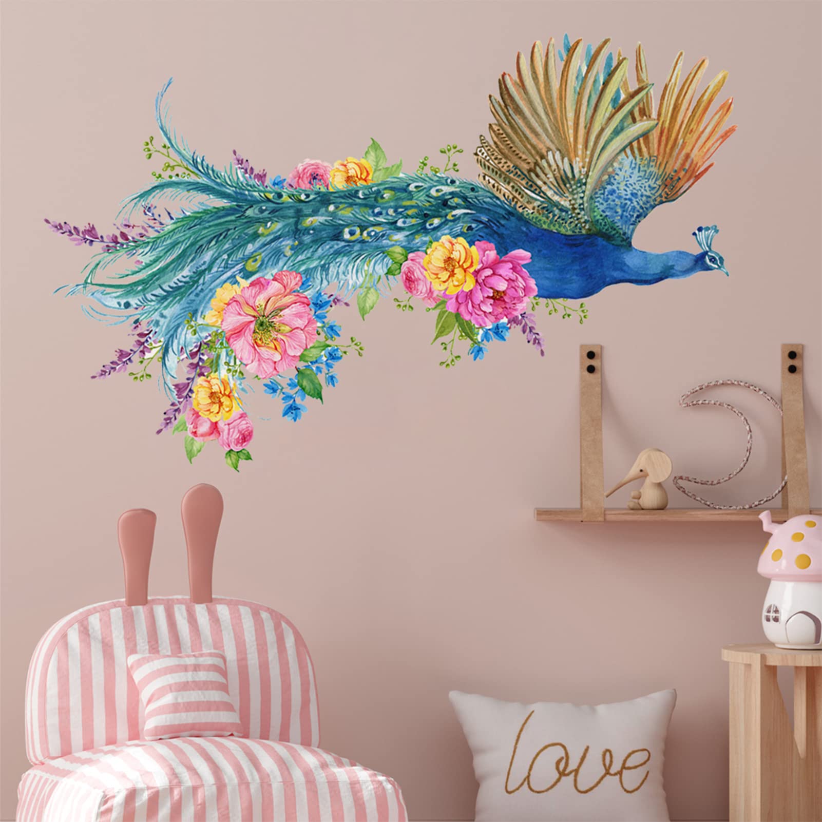 Peacock Floral Wall Sticker Beautiful Blue Peacock Wall Decals Removable Peel and Stick Art Mural for Bedroom Living Room Nursery Classroom Home Wall Decor