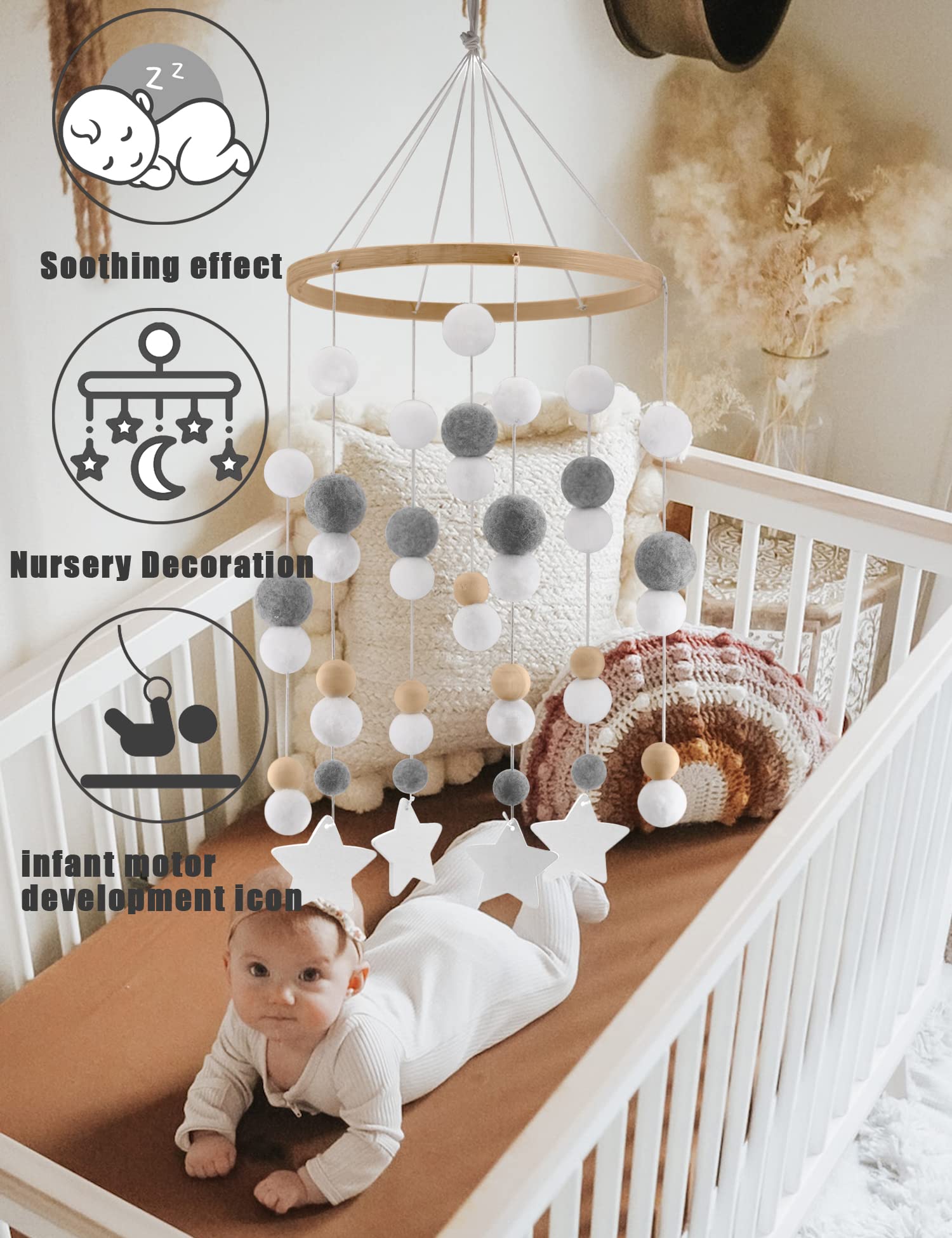 SUPICKET Wooden Bead Bed Felt Baby Ceiling Mobiles Infant Nursing Accessories Nurse (Circel- Pink Cloud)