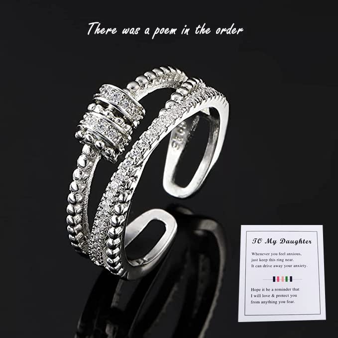 Q&D&S 14k Fidget Ring for Women S925 To My Daughter Anxiety Meditation Ring Cubic Zirconia Adjustable Swivel Ring For Jewelry Gift