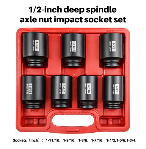SEKETMAN 7Pcs 1/2" Drive Deep 6-Point Impact Socket Set/Spindle Nut Impact Socket Set, Inch, Cr-Mo,1-3/8-Inch - 1-3/4-Inch