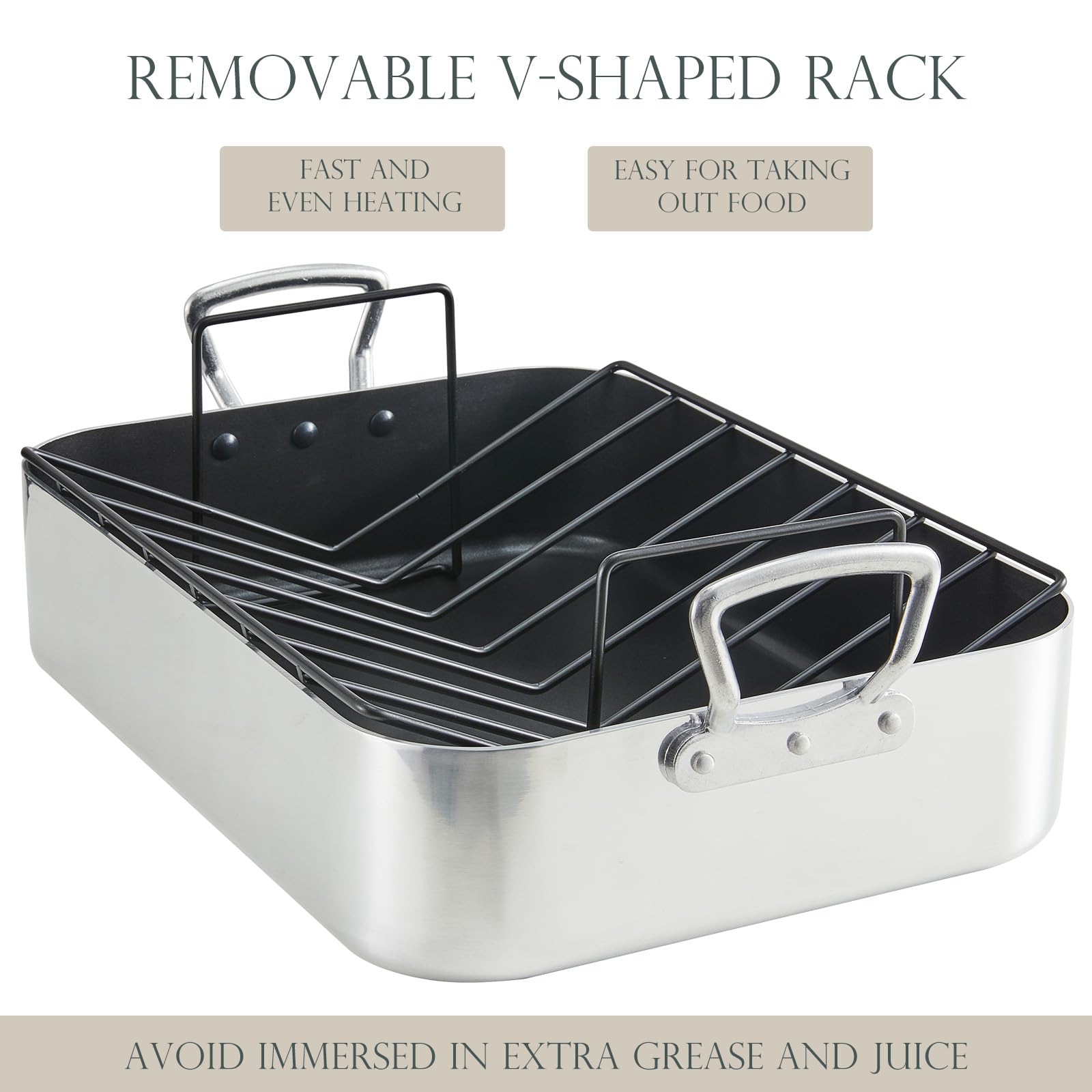 KITESSENSU Nonstick Turkey Roasting Pan with Rack 17 x 14 inch - Large Chicken Roaster Pan for Oven - Wider Handles & Heavy Duty Construction - Suitable for 24lb Turkey, Gray