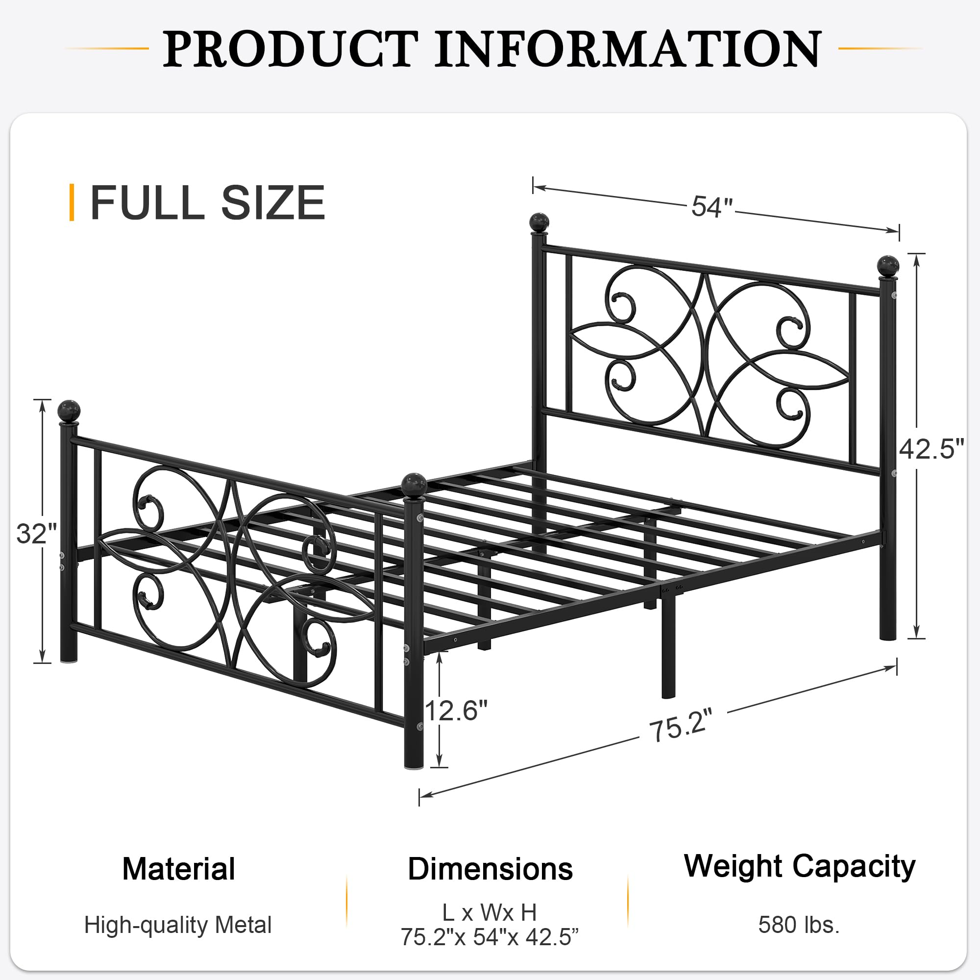 VECELO Full Size Bed Frame with Headboard, Heavy-Duty Platform with Metal Support Slats, Strong Mattress Foundation, No Box Spring Needed, Matte Black