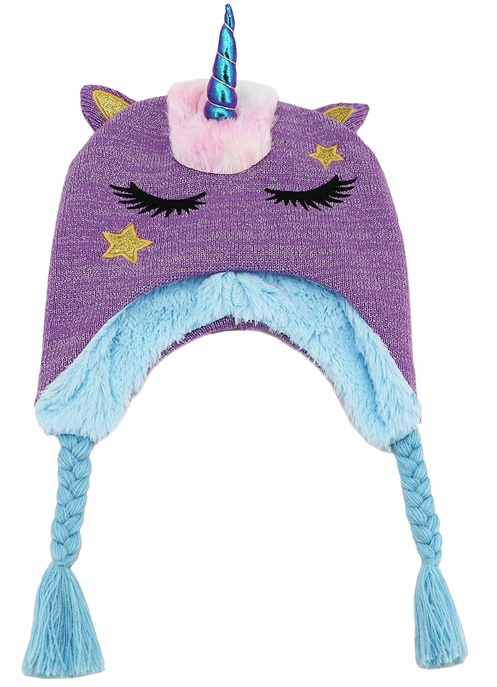 Kids Girls Cute Glitter Unicorn Beanie Winter Hat and Glove Set Knitted Earflap Cap Flip Top Mitten Set Purple