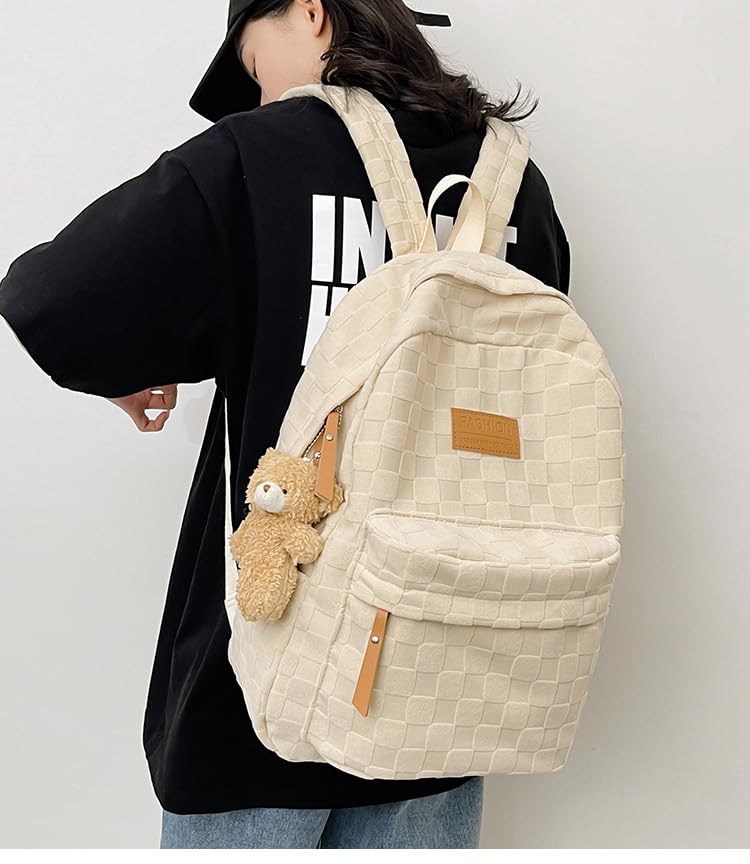 MININAI Aesthetic Checkered Backpack Light Academia Plaid Backpack Cute Preppy Backpack Fit 15.6 Inch Laptop Light Rucksack (Beige,One Size)