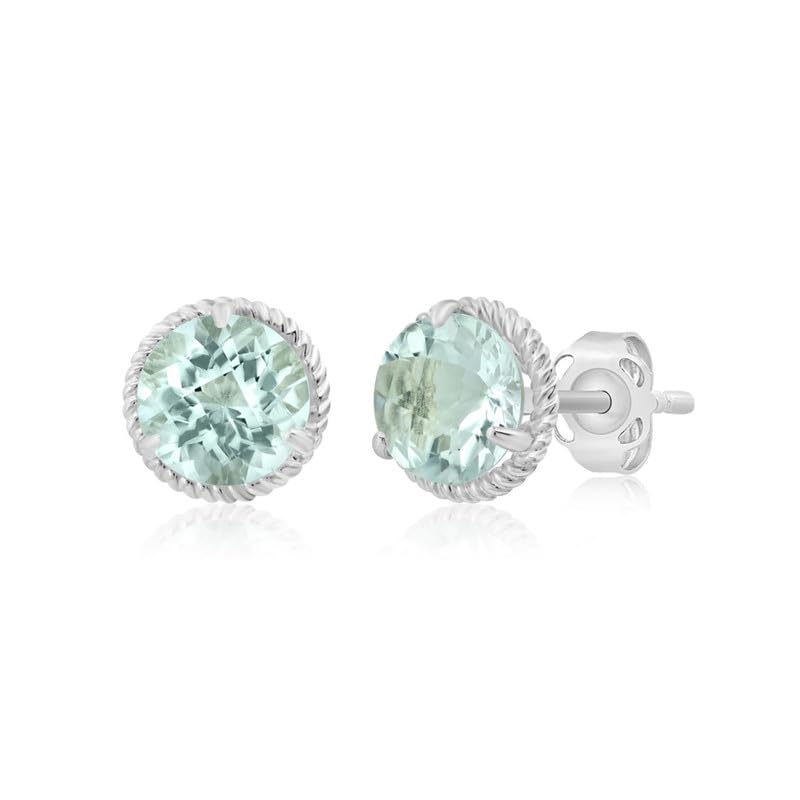 MAX + STONE 14k White Gold Roped Halo Blue Aquamarine Round Stud Earrings for Women 6mm March Birthstone with Push Backs