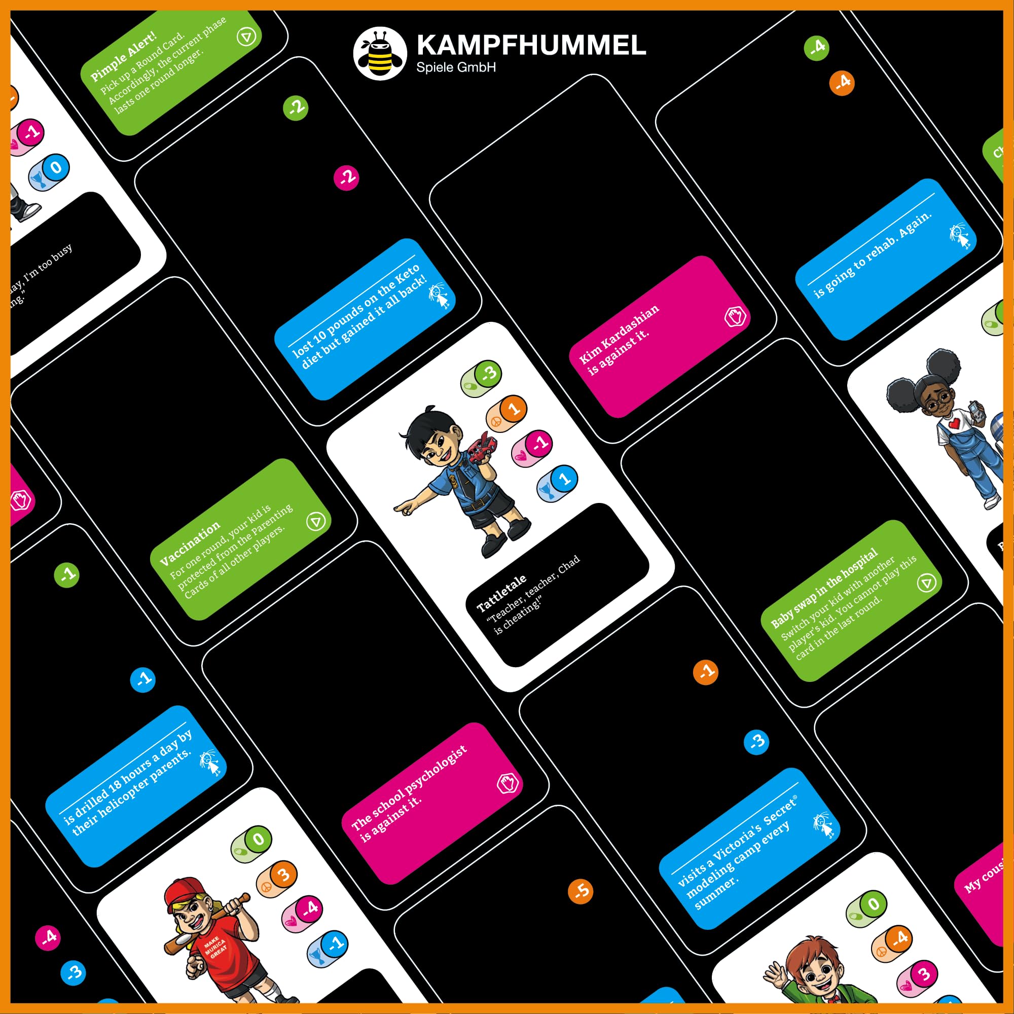 Kampfhummel Bad Brood β Raise your Child as Bad as Possible, sarcastic card game for people with black humor, ages 16+, 3-6 players