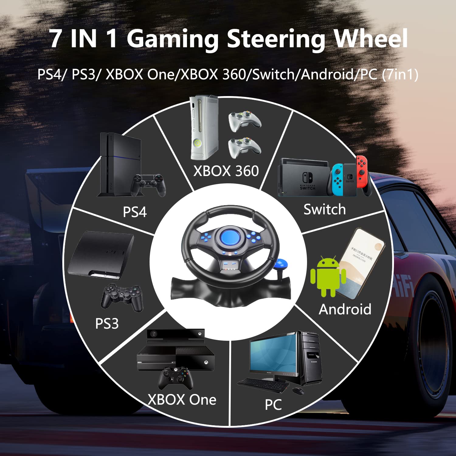 SZYUYU Racing Steering Wheel with Pedals/Paddles Shifter and Vibration for PS4/ PS3/ XBOX One/XBOX 360/Switch/PC Racing Steering Wheel