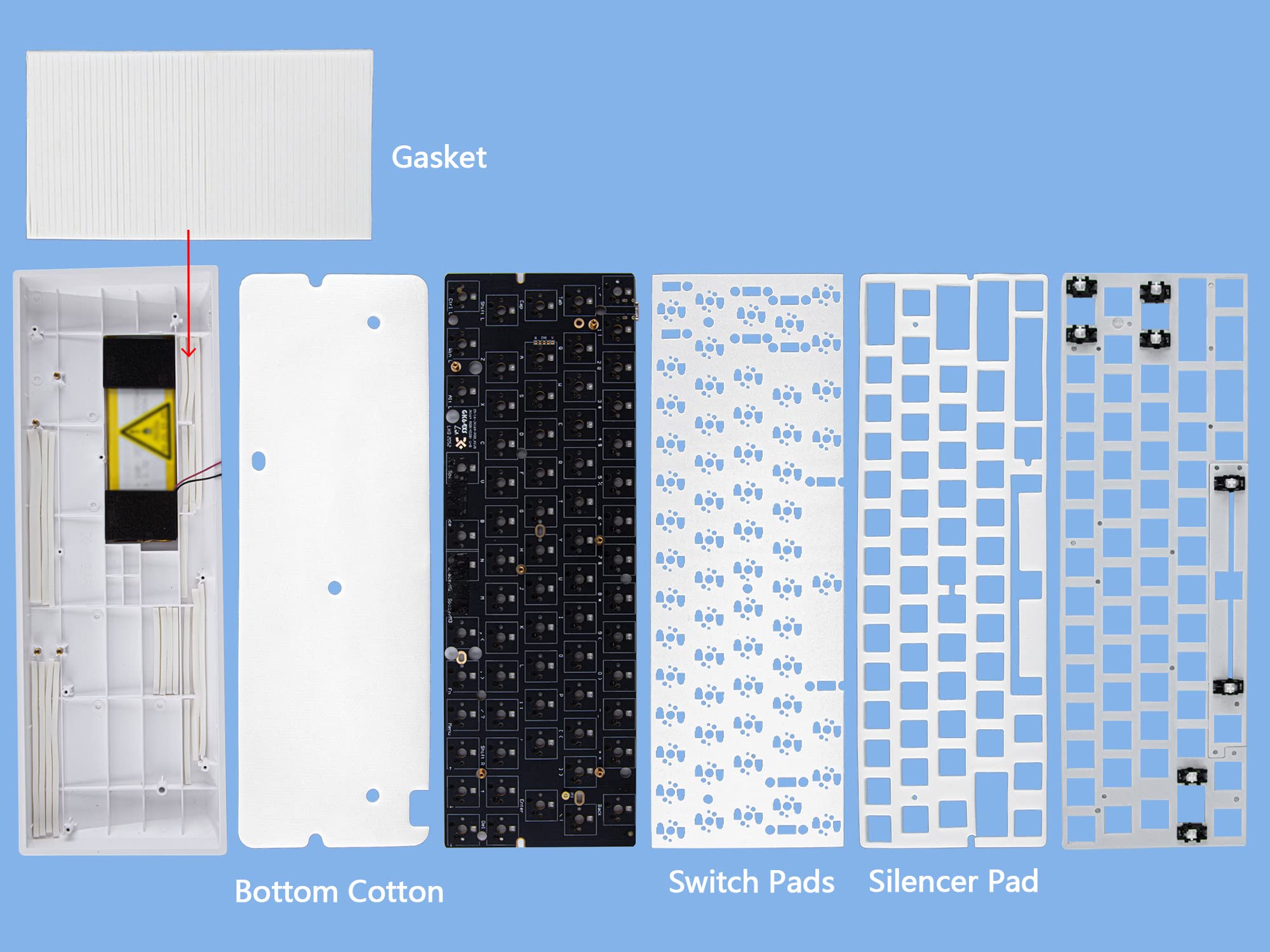 UniCusMech 4 Pieces Set of Silencer Pad Silencer Foam Sound Dampeners Sheet, Compatible with 61 Keys Layout Mechanical Keyboard(Switch Pad, Silencer Pad, Bottom Cotton,Gasket)