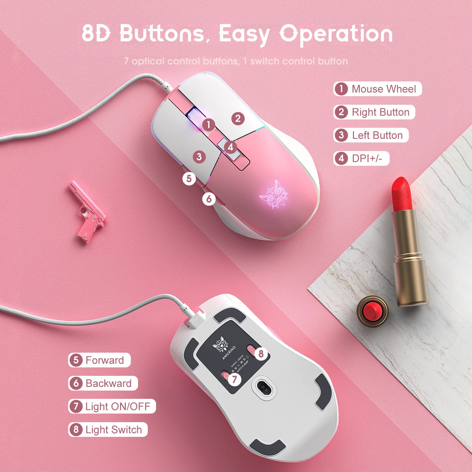 Pink Mouse Ergonomic Gaming Wired Mouse, Color-Blocking Design Mice with 6 Adjustable DPI Up to 7000 and 13 Color Backlight, Pink PC Gaming Mice for Office/Windows/Mac and Laptop (CW916)