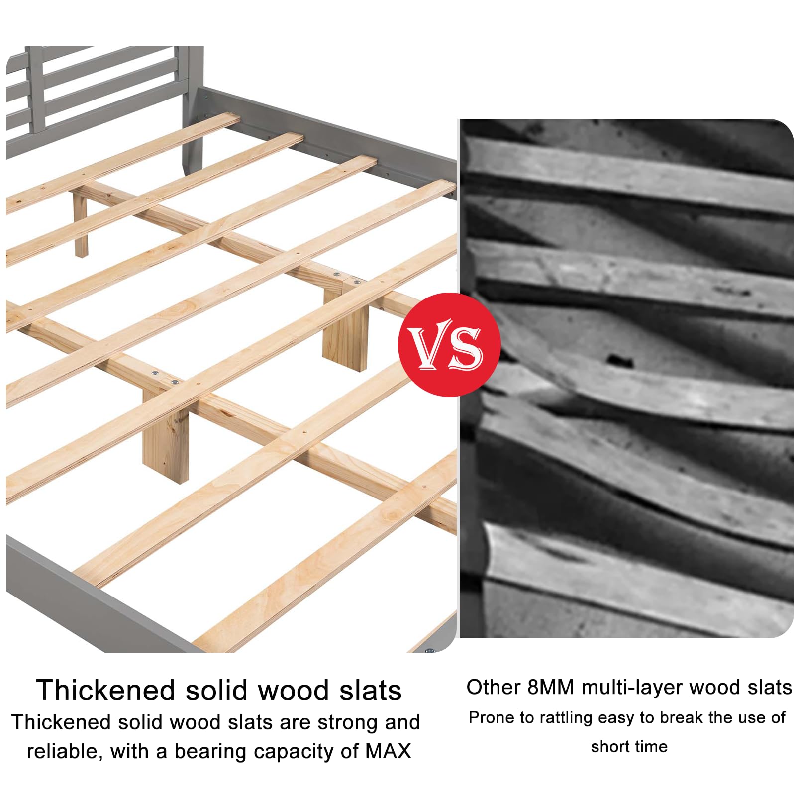 King Size Bed Frame, King Bed Frame with Horizontal Strip Hollow Shape Headboard, Pine Wood Platform Bed Frame for Teens Adults Bedroom, Noise Free/No Box Spring Needed (Gray)