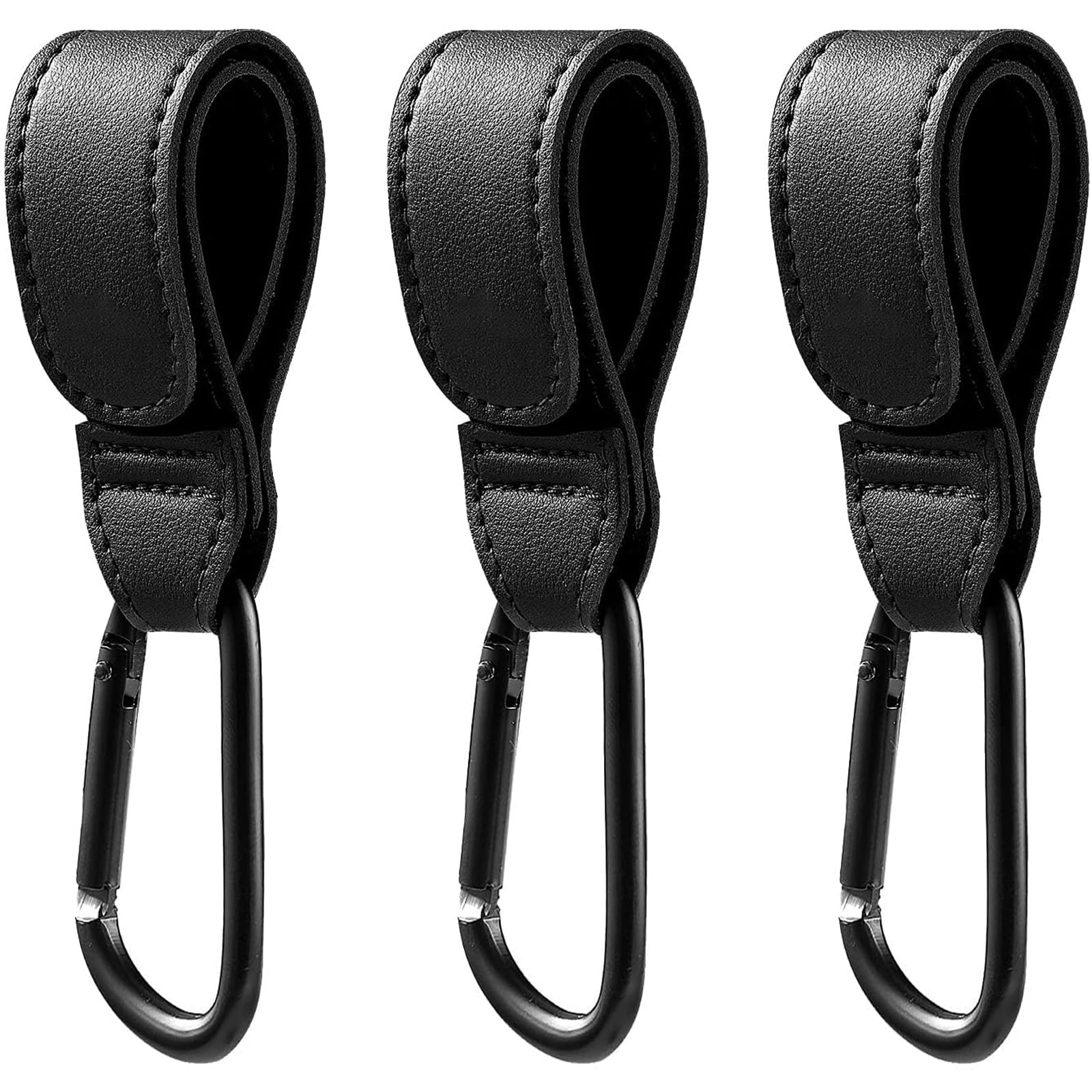 Stroller Hooks for Hanging Bags and Shopping - Premium Leather Universal Stroller Clips for Diaper Bags Grocery Shopping Bags, Baby Stroller Straps Hook 3 Pack (Black)