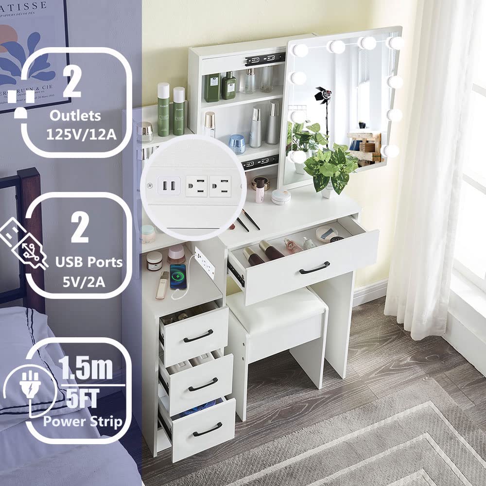 JBLCC Makeup Vanity Table with Lighted Mirror,Makeup Vanity with Power Outlet and Drawers, Storage Shelves, Vanity Desk for Woman Girls, White (5903USB)