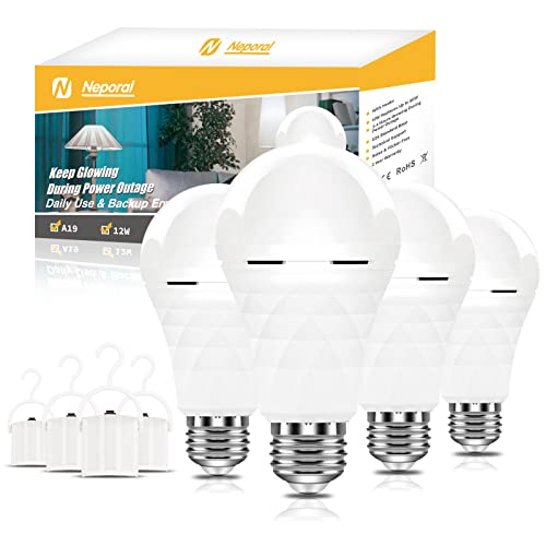 Neporal A19 Rechargeable Light Bulbs Emergency Light Bulb for Power Outages, Led Bulb 60 Watt Equiv., Self-Charging Light Bulb 1200mAh Battery Backup Light Bulbs for Daily, Emergency Use (Daylight)