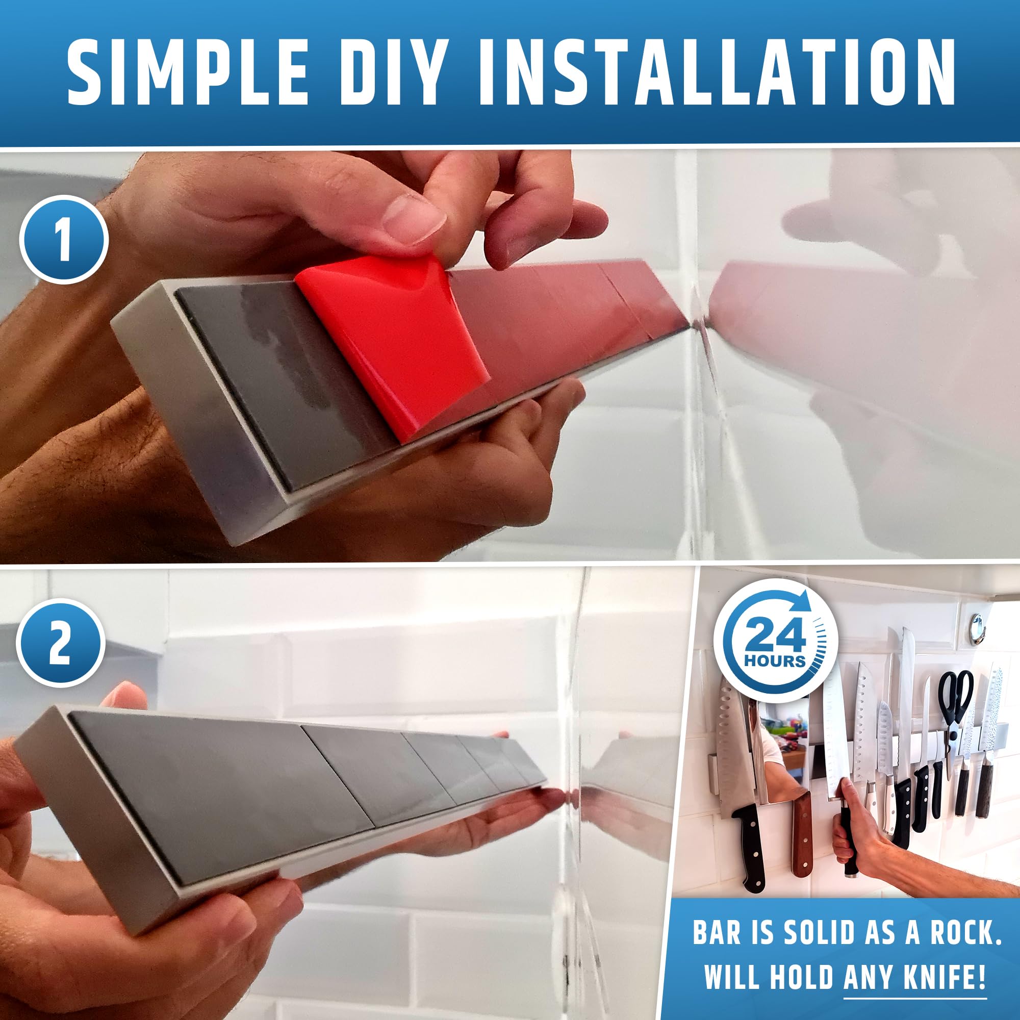 Strong Adhesive (No Drill) Magnetic Knife Holder for Wall - Professional 24 Inch Knife Strip - No Screws Needed - Adhesive Backing - Stainless Steel Knife Bar (Upgraded Version β Will Not Fall)
