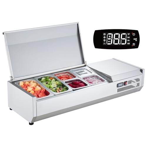 VEVOR, 135 W Countertop Refrigerated Condiment Station, with 2 1/3 4 1/6 Pans, 304 Body and PC Lid, Sandwich Prep Table Guard, ETL, Stainless 48in, Silver