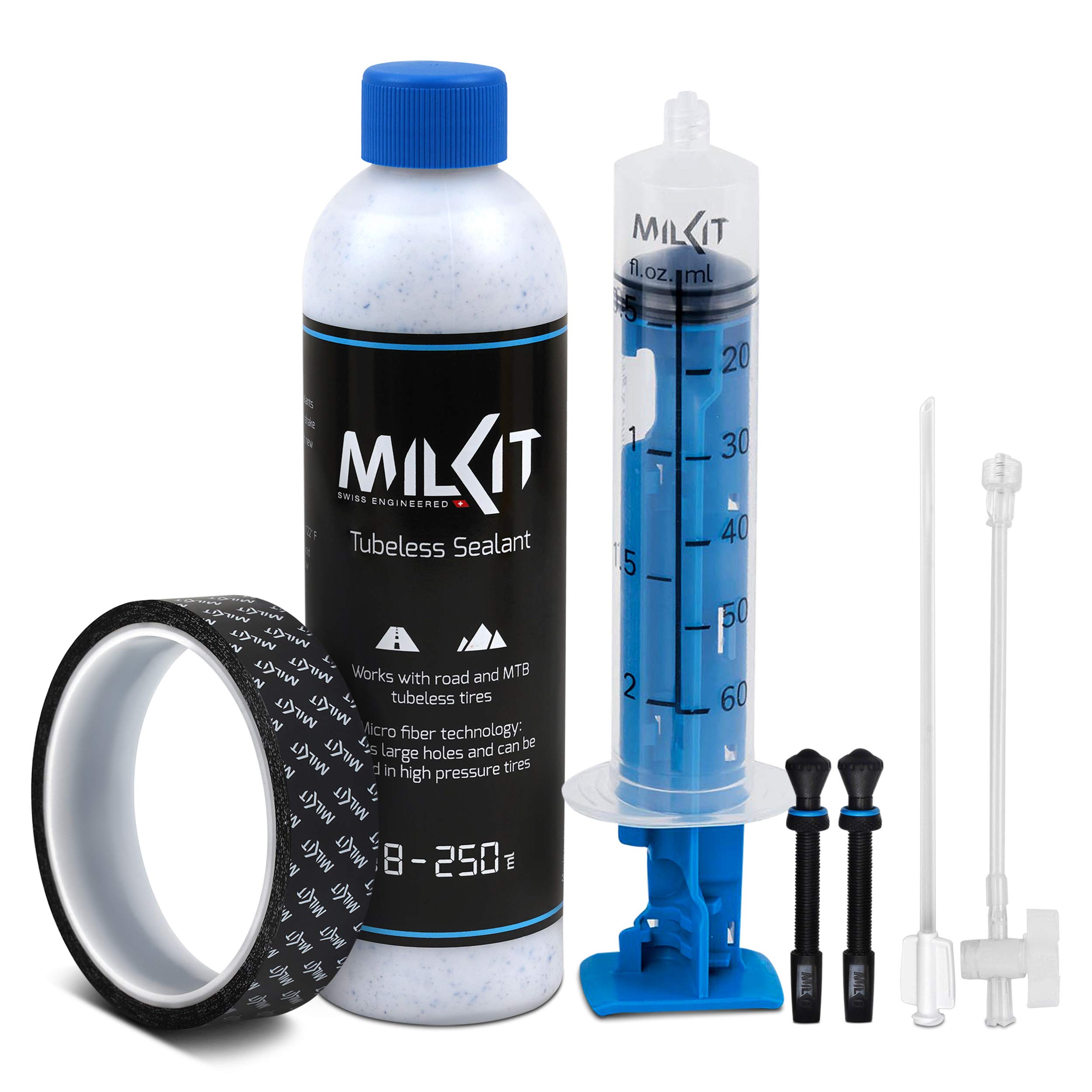 milKit Tubeless Tire Conversion Kit - Bike Tubeless Setup Kit - Sealant Bottle - Sealant Injector - Rim Tape - Valves Pack - Presta Valve Core Removal Tool (45-21)