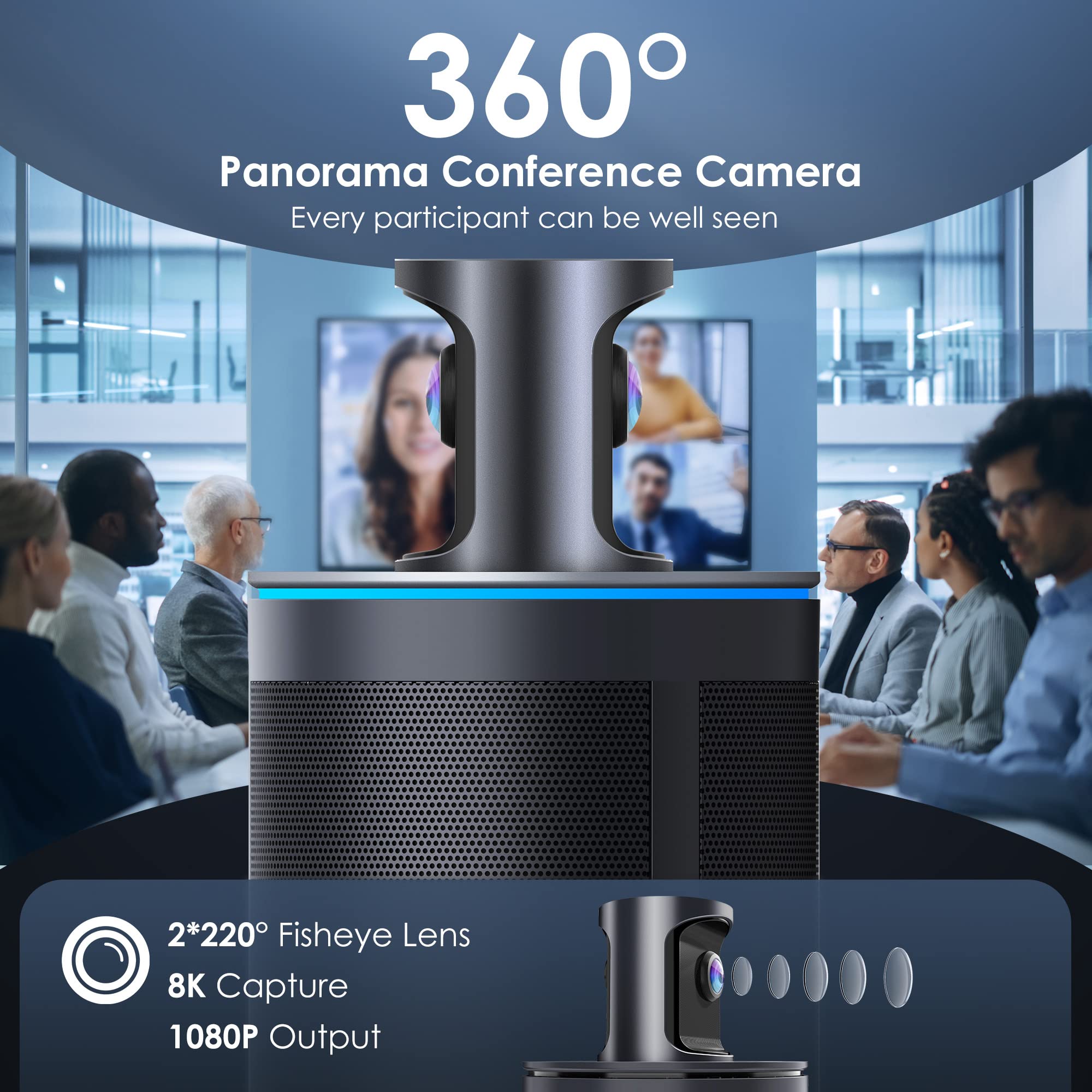 KanDao Meeting 360 Video Conference Camera, 8K Captured 1080P 360-degree Meeting Room Camera, 8*Mics, 20W Speaker, 4-in-one USB Conference Webcam, Smart Tracking Zooming, Wide-Angle, Plug & Play