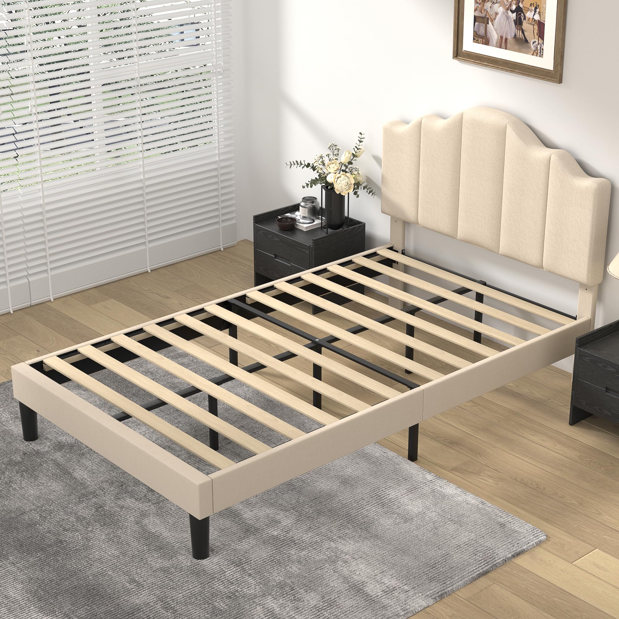 VECELO Twin Size Upholstered Platform Bed Frame with Adjustable Headboard, Wood Slat Support and Noise-Free, No Box Spring Needed, Easy Assembly, Pale Beige