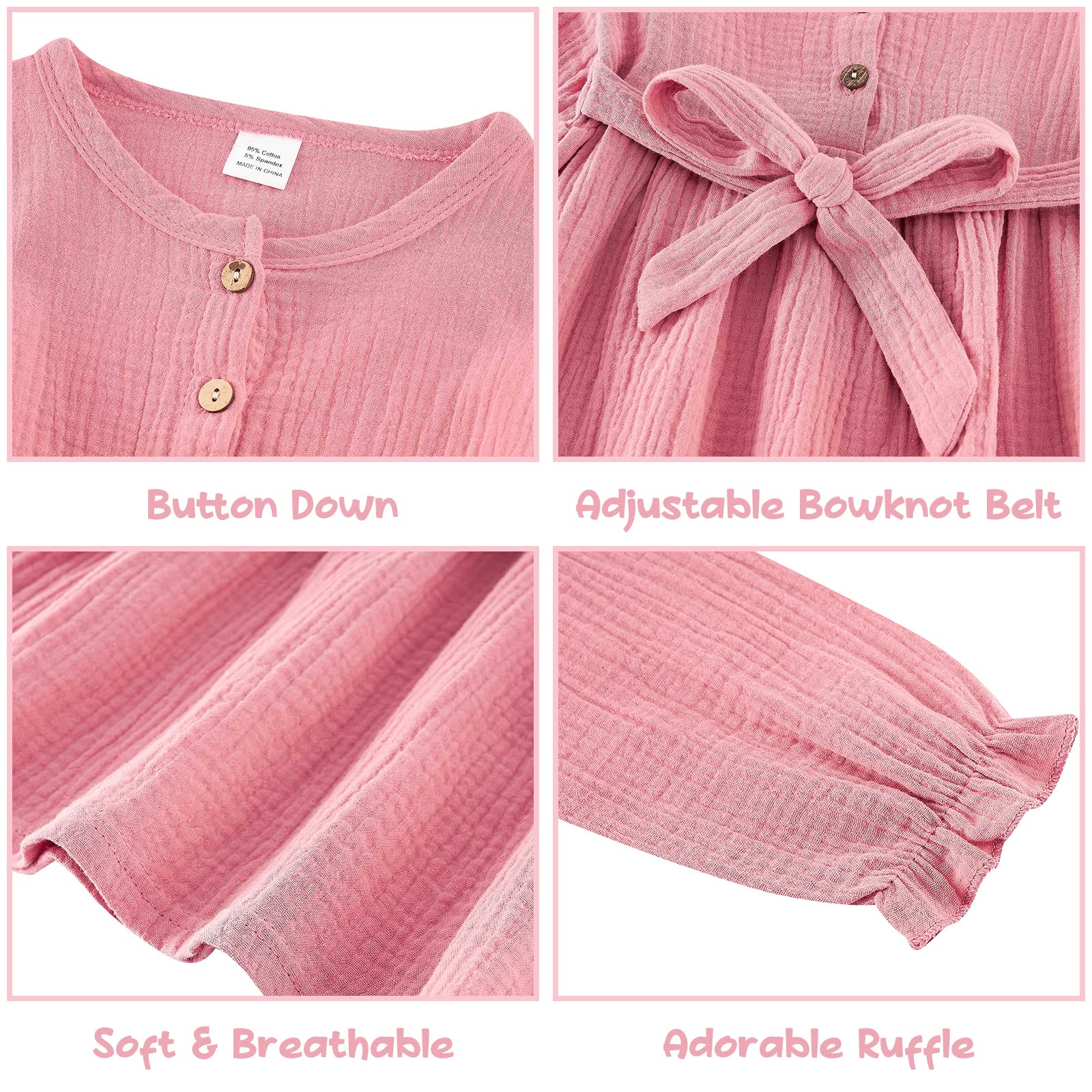 Toddler Pink Dress Long Sleeve Dress Size 4 5 Cotton Linen Plain Button Down Vintage Dresses Tea Party Bow Belt Spring Fall Dresses 4T 5T
