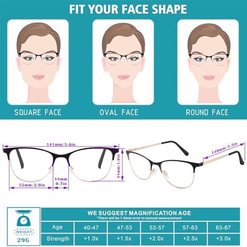JCUANGR Oversized Reading Glasses For Women Fashion Cat Eye Blue Light Blocking Big Frame Stylish Cheaters Designer Lightweigth Womens Metal Readers Large Ladies Computer Wide Reader Eyewear +2.0
