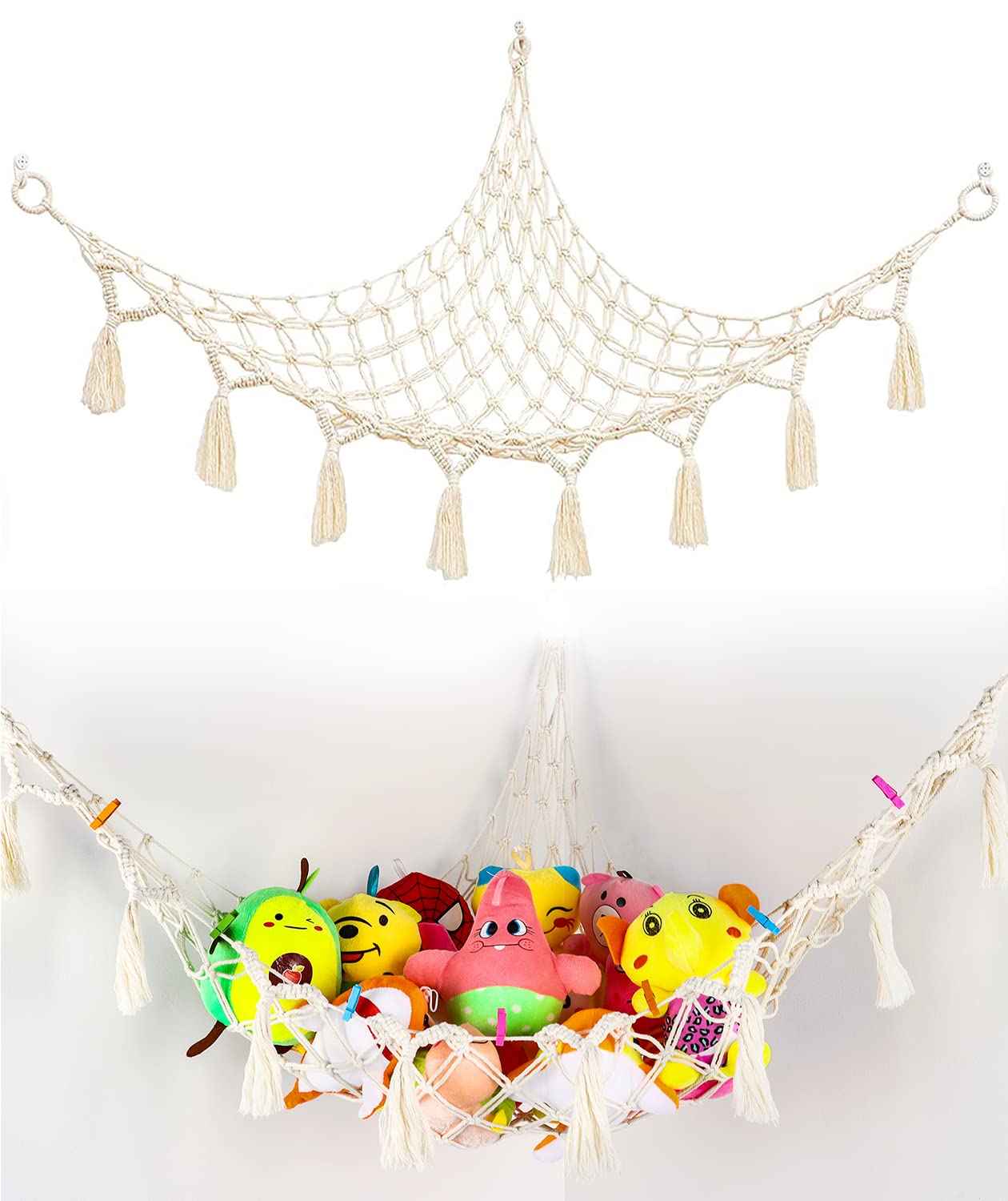 Stuffed Animal Net or Hammock Toy Hammock Macrame Large Corner Mesh Toy Storage Hanging Wall, Stuffed Animal Holder Nursery Organizer for Kids Bedroom (Beige)