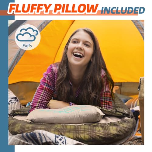 MEREZA Sleeping Bag for Adults Mens Kids with Pillow, Cold Weather XL Sleeping Bag with Compression Sack for All Season Camping Hiking Backpacking (Single -Plaid)