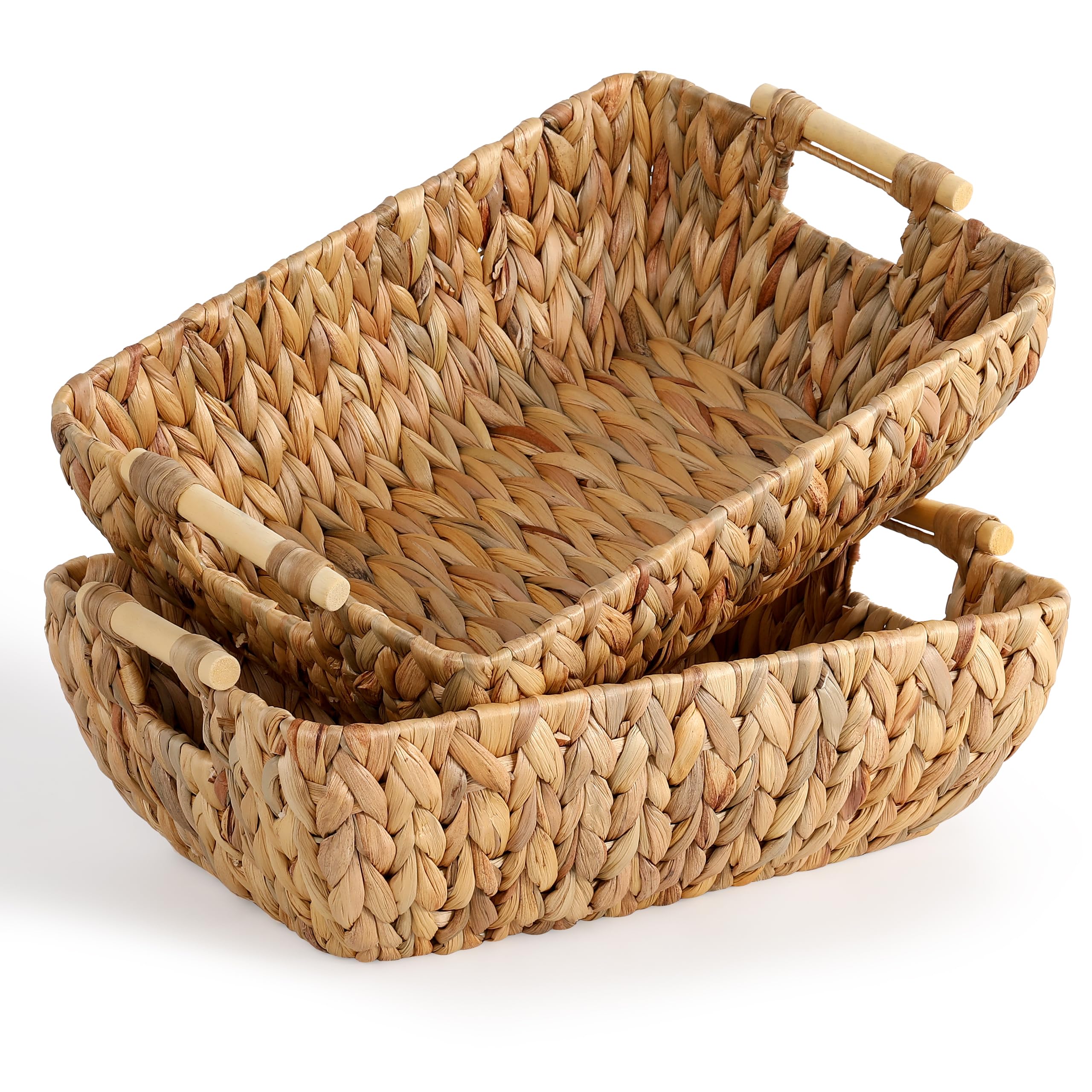 Water Hyacinth Storage Baskets with Wooden Handles,Large Wicker Baskets for Organizing Set of 2