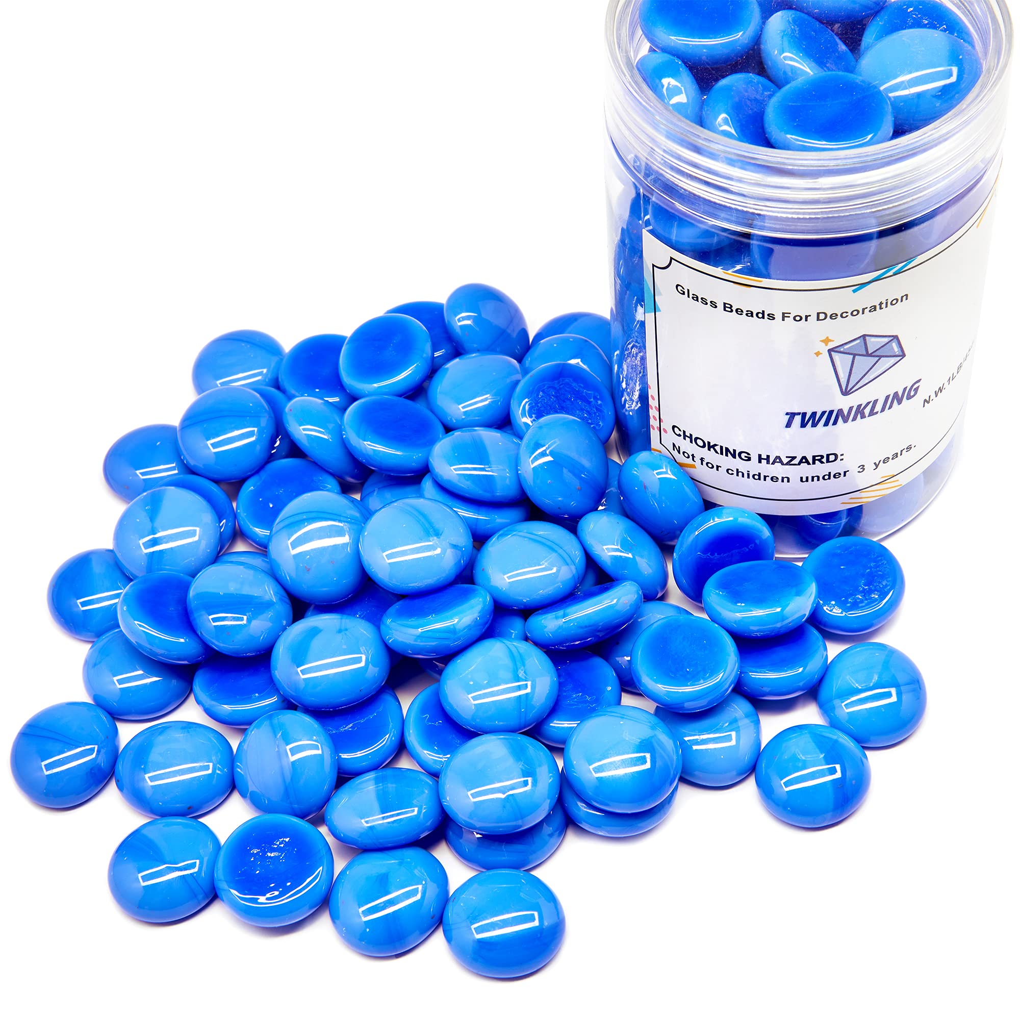 TWINKLING High Luster Round Fire Pit Glass Stones,Glass Marbles,Glass Pebbles,Glass Beads Gems Chips for Fire Pit Vase Fillers Crafts Aquarium Garden Decoration,17-19mm,1-Pound Jar (Blue Porcelain)
