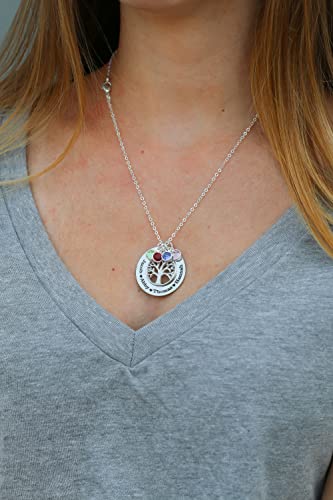 Silver Family Tree Necklace - Personalized Engraved Childrens Names, Choose Birthstone Crystals, Grandma Christmas Gift - 32MM Washer - DGR-32W