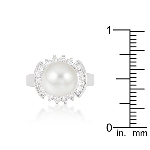 Kate Bissett Genuine Rhodium Plated Bridal Ring with 10 mm Simulated Pearl and Accentuated with Clear CZ Size 10