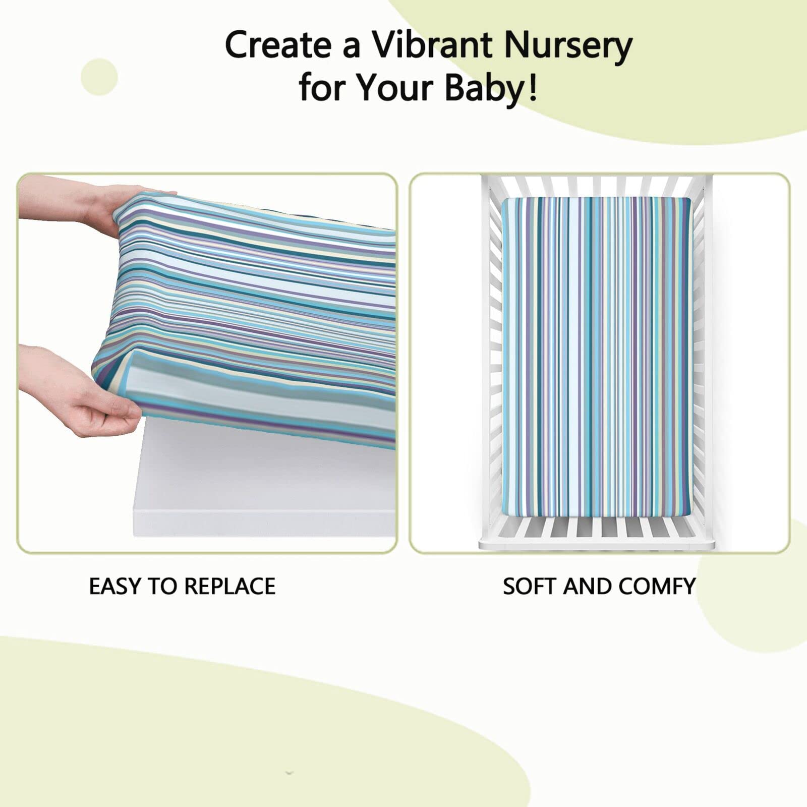 Striped Themed Fitted Mini Crib Sheets,Portable Mini Crib Sheets Soft Toddler Mattress Sheet Fitted-Crib Mattress Sheet or Toddler Bed Sheet,24β x38β,Blue Lavender Cream